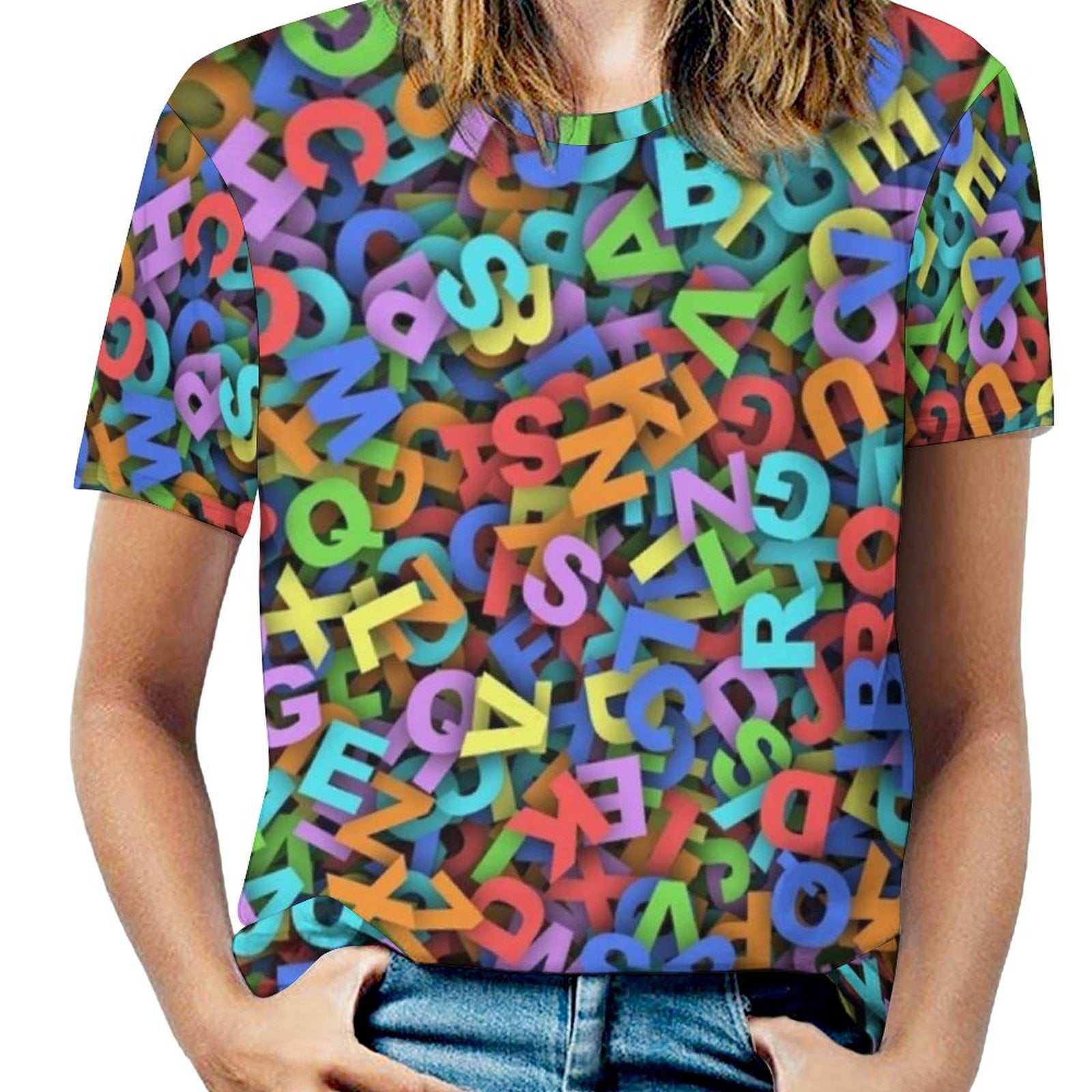 Alphabet Women Zipper Printed Vintage T Shirts Tops Full Print T-Shirt ...