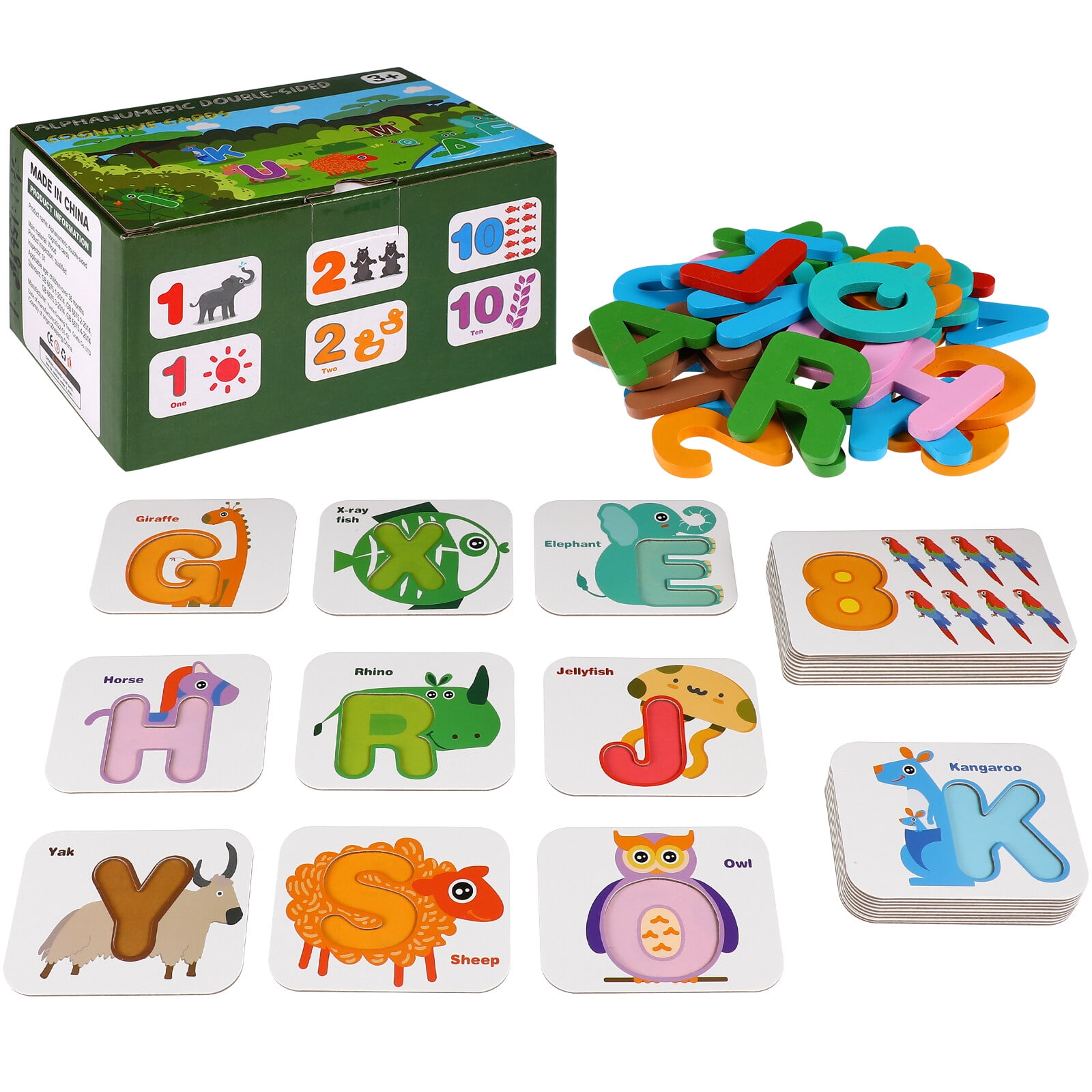 Alphabets and Numbers Flash Cards, Wooden Letters ABC Animal Matching ...