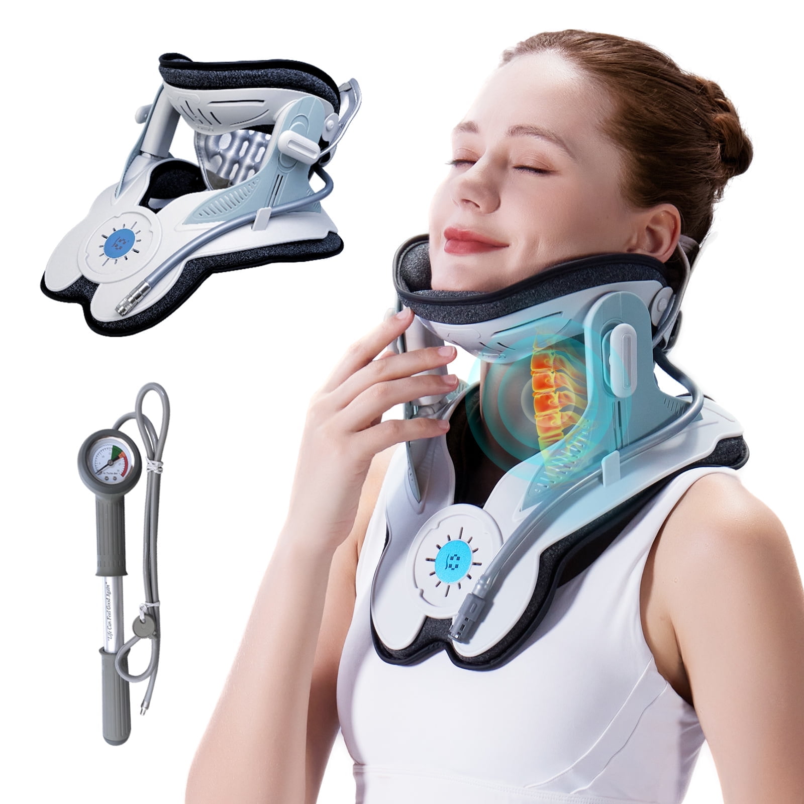 Alphay Cervical Traction Device with Air Pump, Adjustable Neck Stretcher for Pain Relief, Gray ...