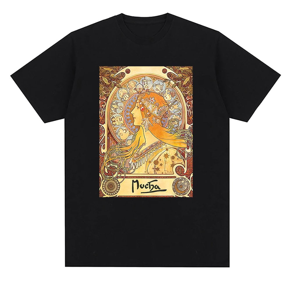 Alphonse Mucha Art Nouveau Short Sleeve T-Shirt Black Casual Tee ...