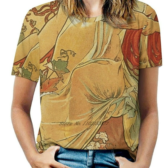 Alphonse Mucha - Autumn 1896 Zipper Sexy T-Shirt Casual Tops Hollow ...