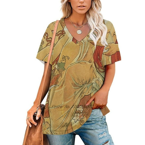Alphonse Mucha - Autumn 1896 Zipper Sexy T-Shirt Casual Tops Hollow ...
