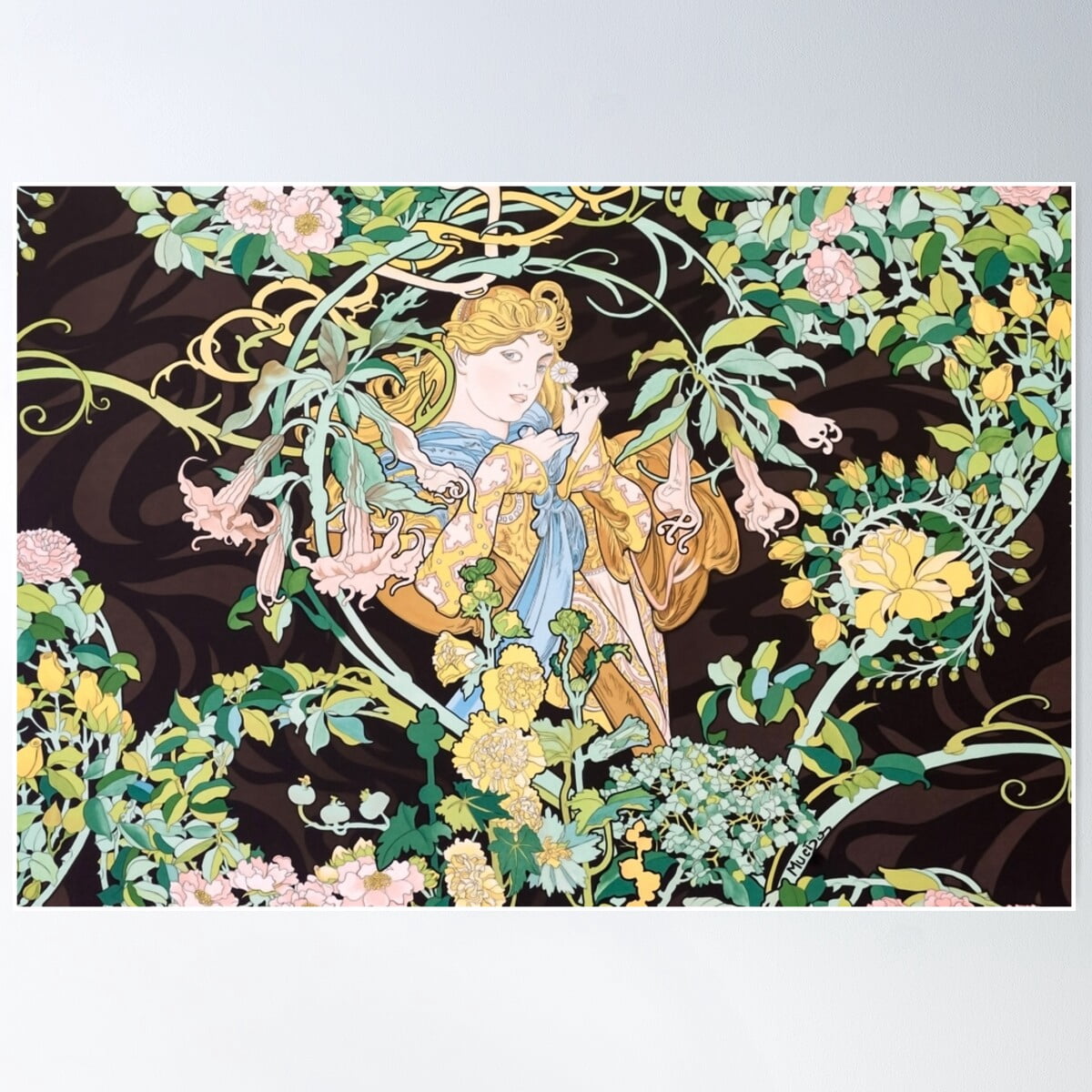 Alphonse Mucha Woman Holding A Daisy Poster Wall Art, Modern Wall Decor ...