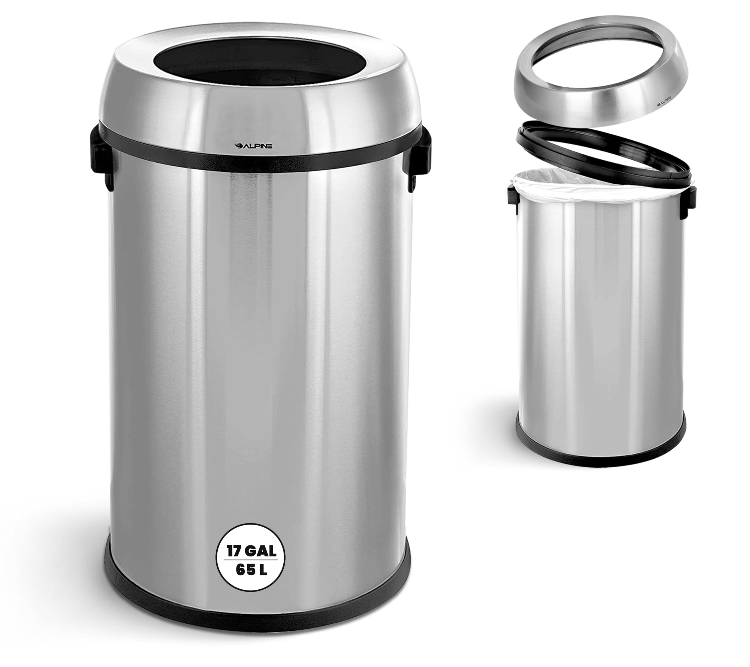 Alpine 17 Gallon Stainless Steel Open Top Trash Can – Commercial-Grade ...