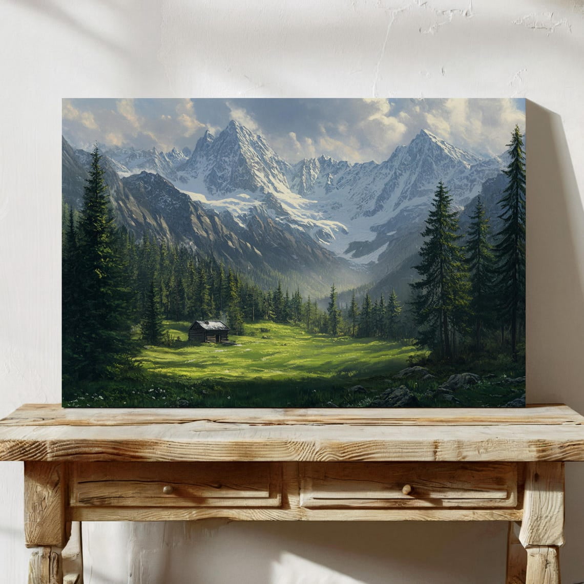Alpine Cabin In Mountain Valley – Snowy Peaks, Evergreen Forest, Nature ...