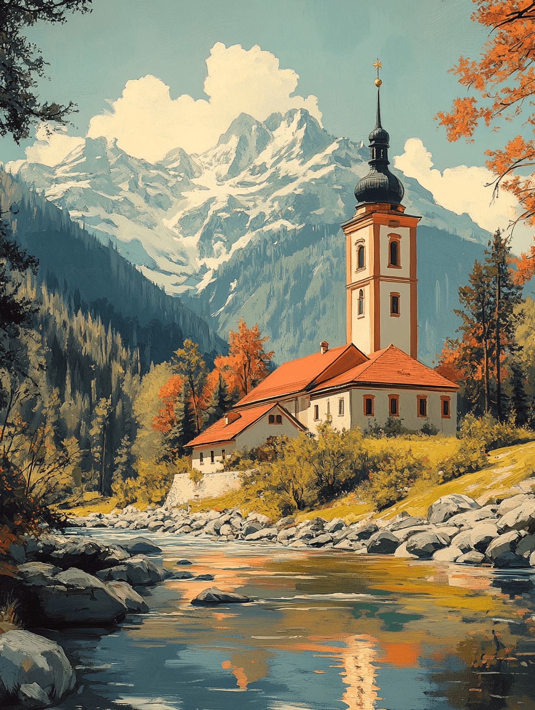 Alpine Church River Landscape Canvas Print/Wall Art， Perfect for Living ...