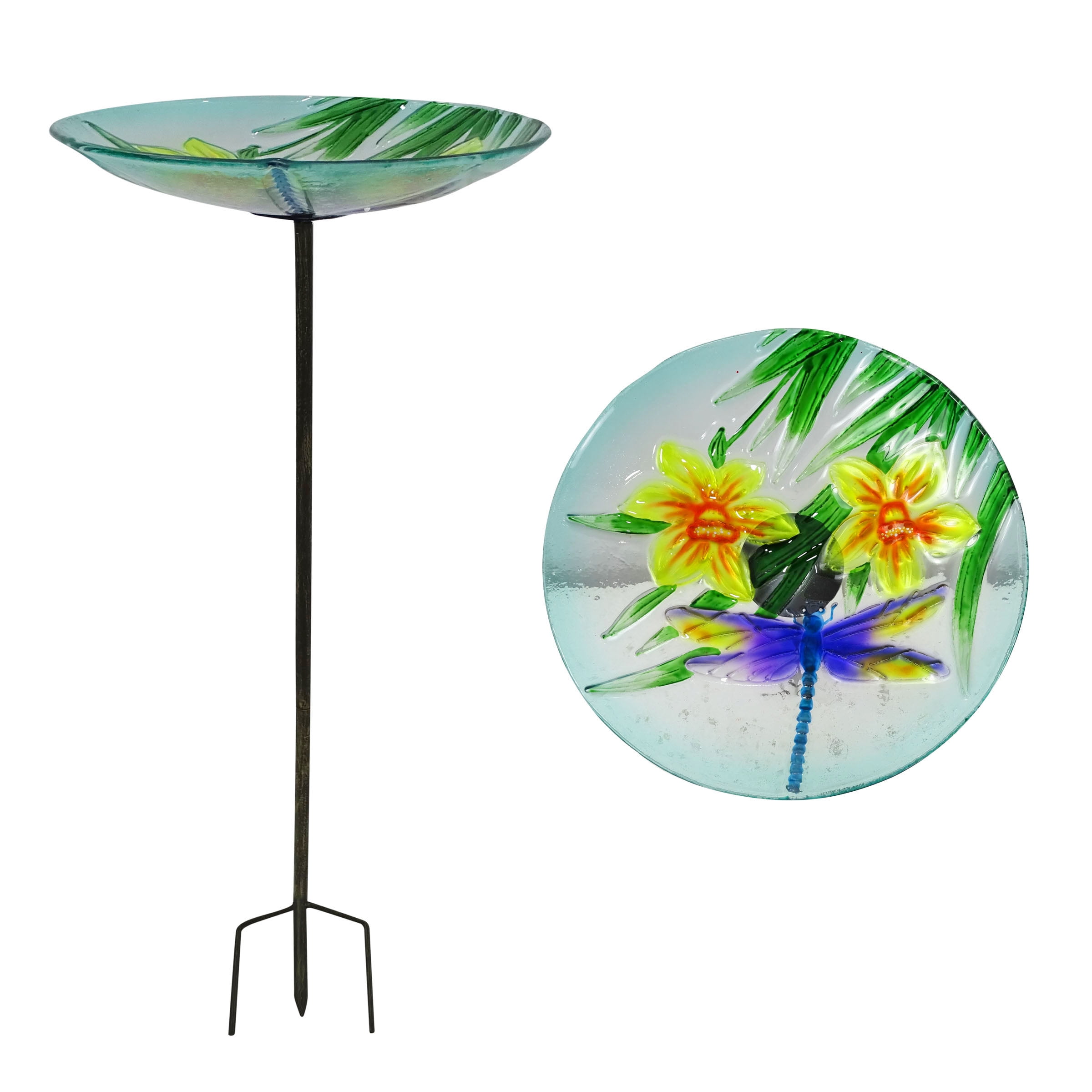 Alpine Corporation 10"H Glass Stake Bird Bath with Flowers and ...