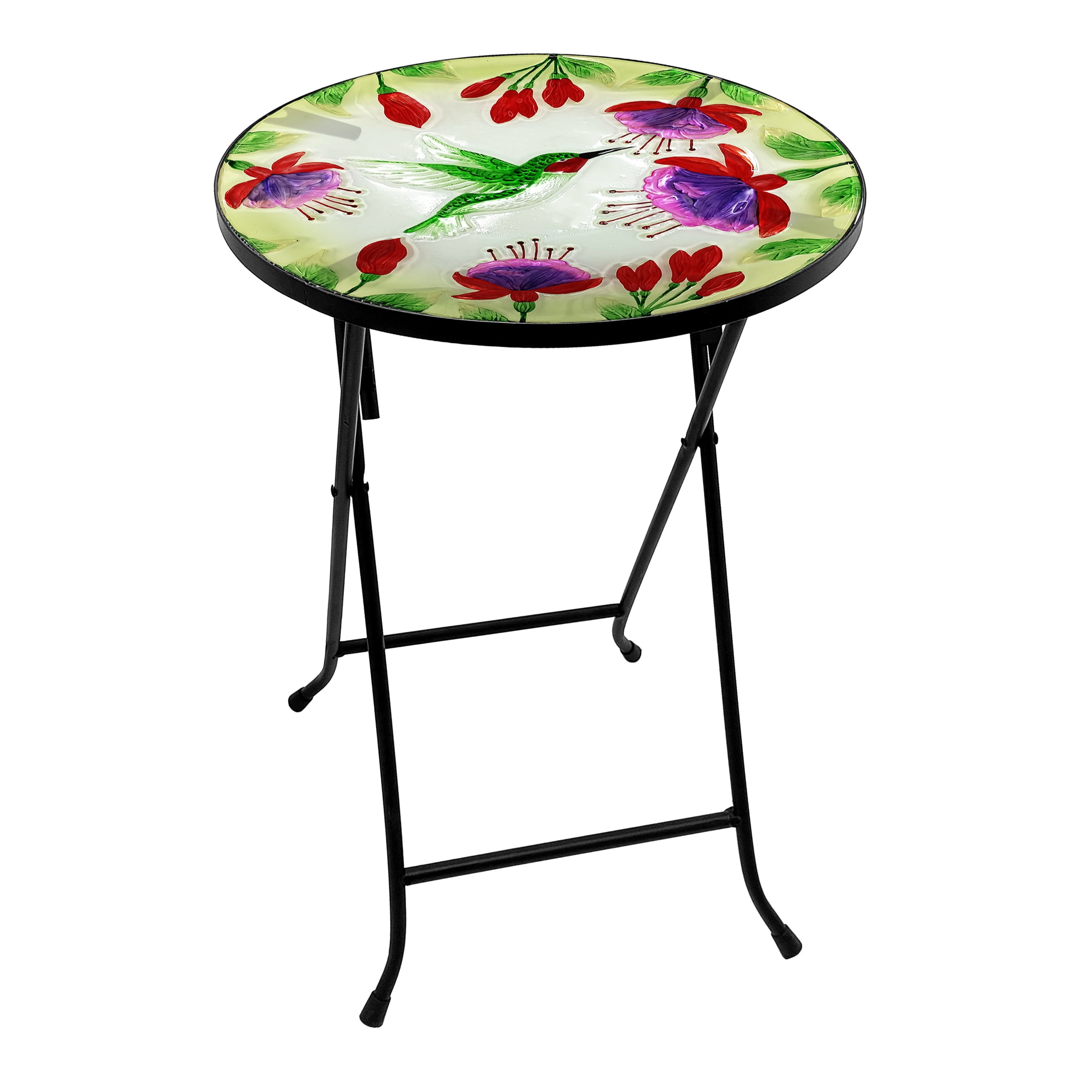 Alpine Corporation 14" Folding Glass Round Table with Flowers and ...