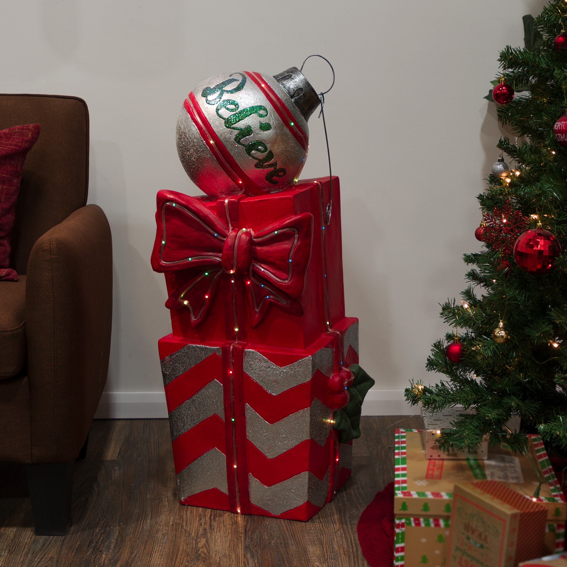 Alpine Corporation 15" x 37" Stacked Christmas Gifts and 'Believe ...