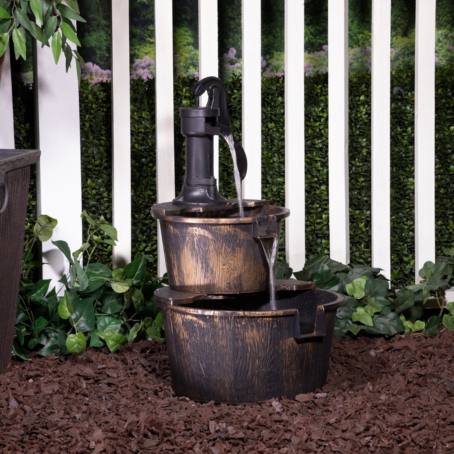 Alpine Corporation 27" Two-Tier Barrel & Pump Outdoor Fountain, Bronze ...
