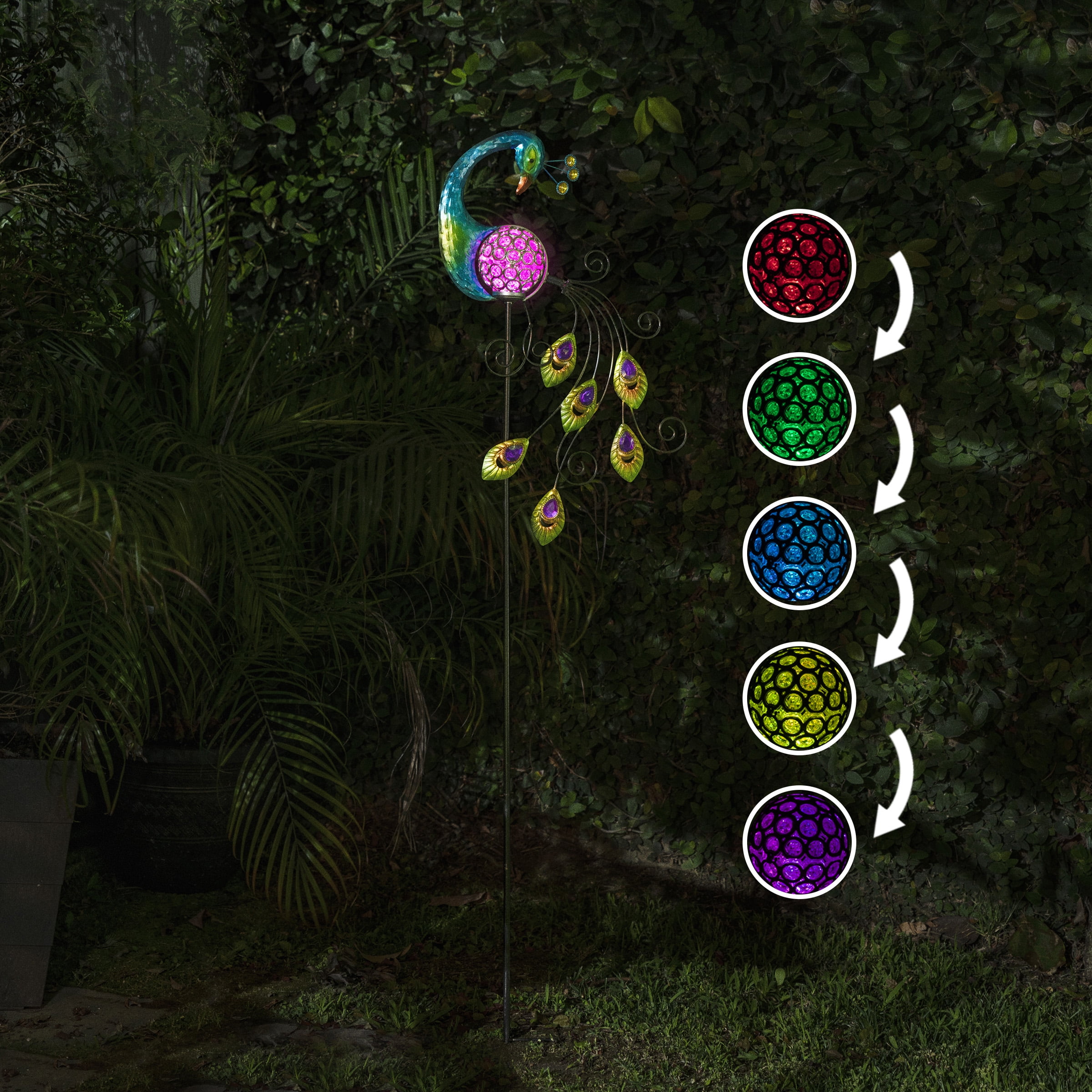 Alpine Corporation 48" Metal Solar-Powered Peacock LED Light Lawn Stake ...