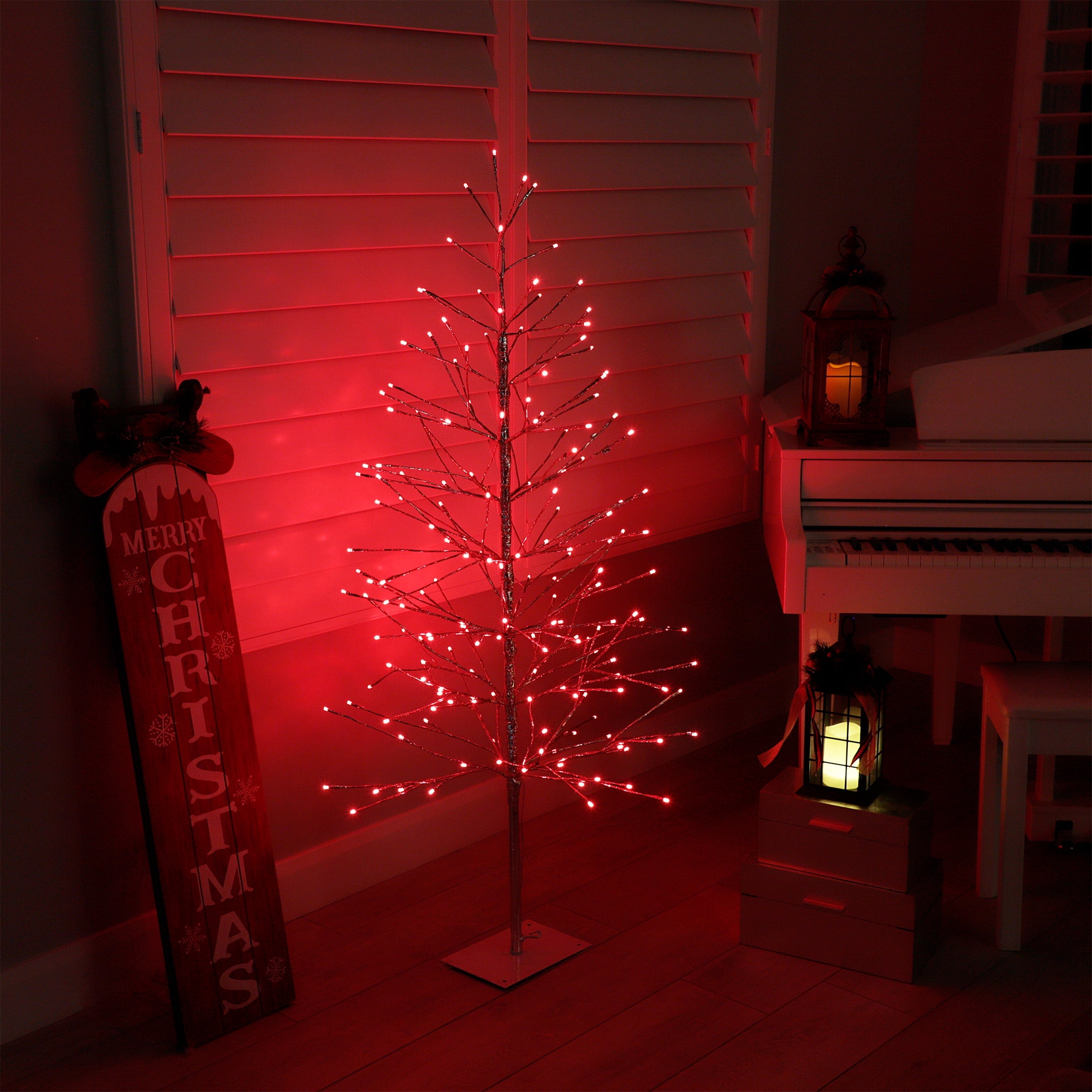 Alpine Corporation 60/68-Inch Silver Christmas Tree with Red LED Lights ...