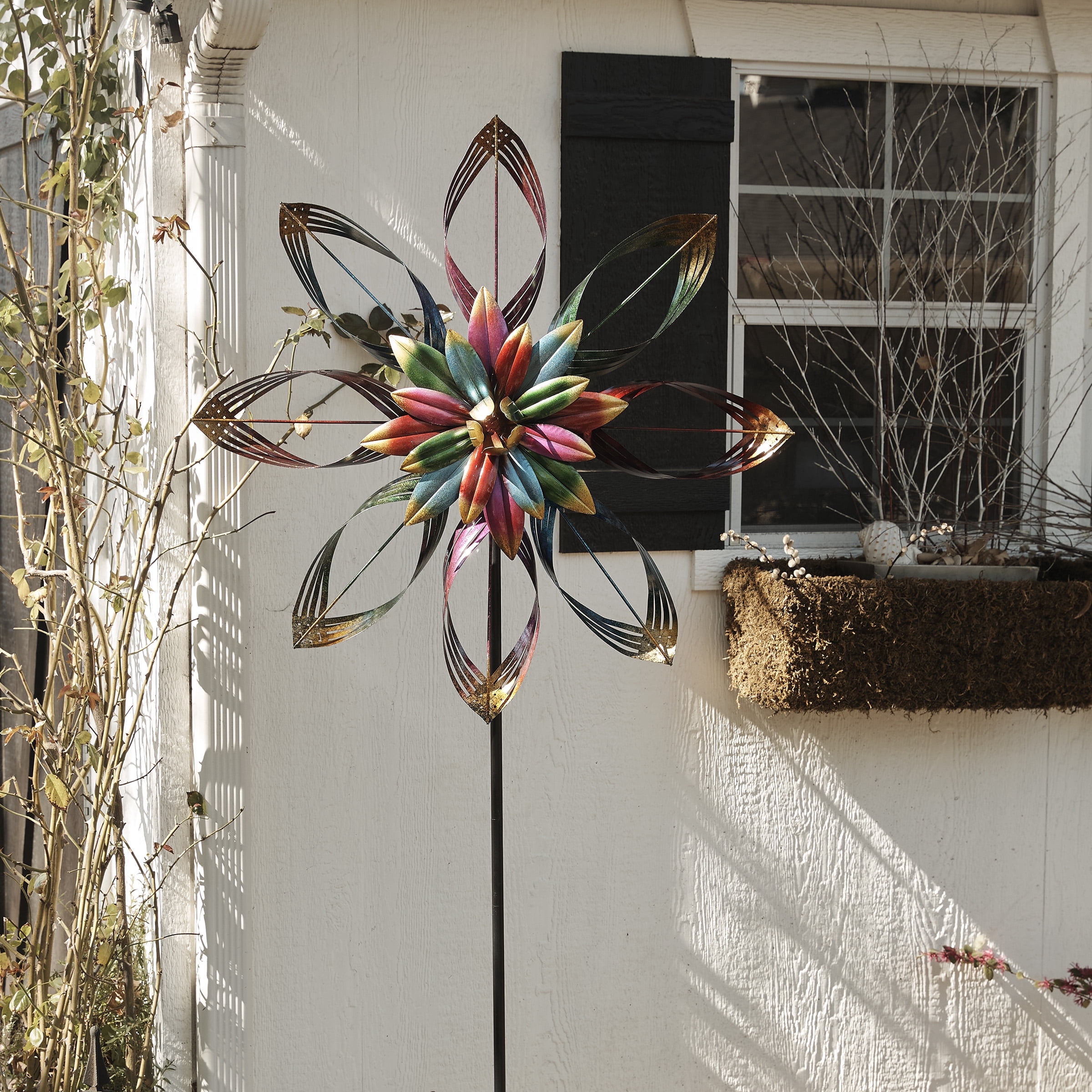Alpine Corporation 82"H Outdoor Embellished Rainbow Flower Metal Wind ...
