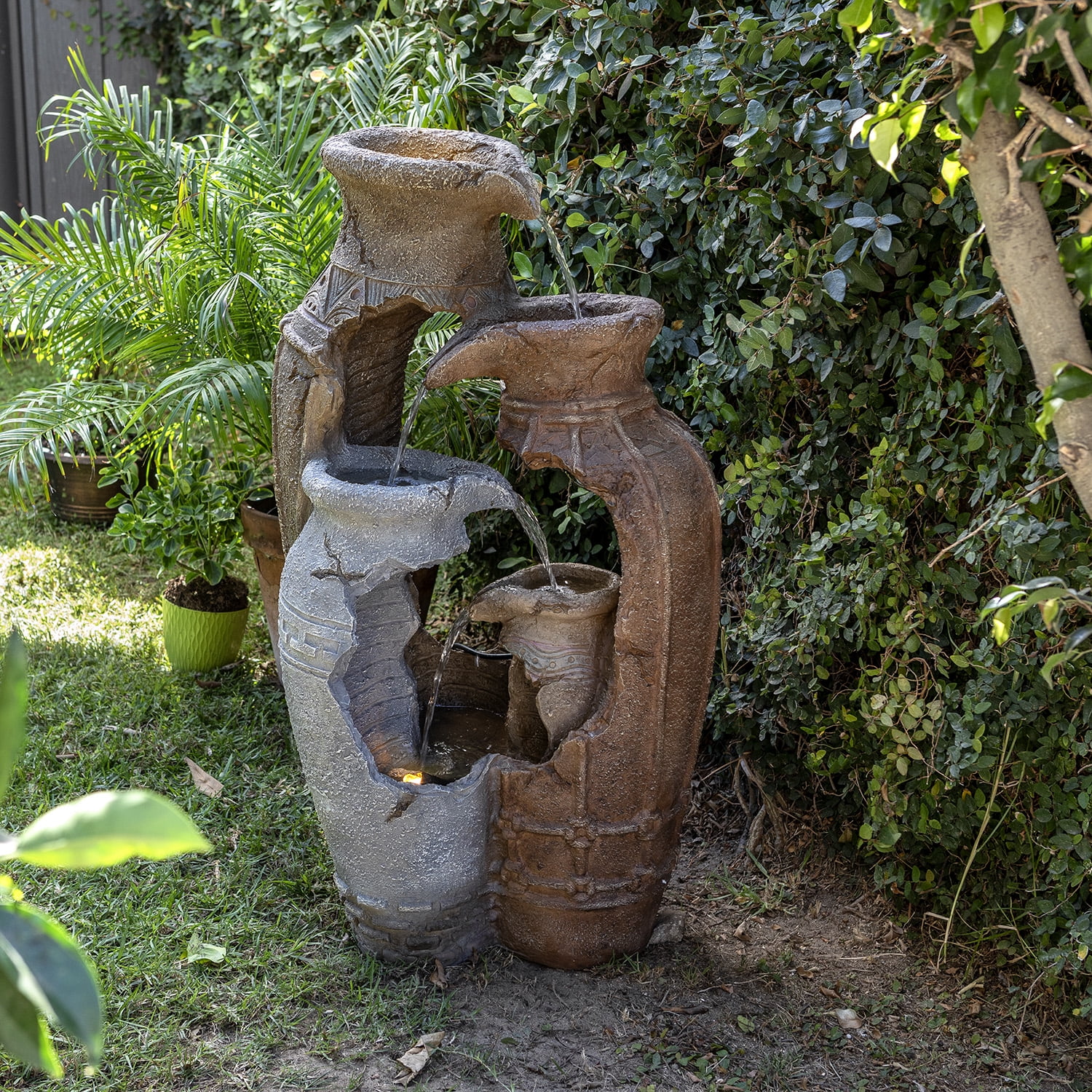 Alpine Corporation Distressed Pots Fountain with Halogen and LED Lights ...