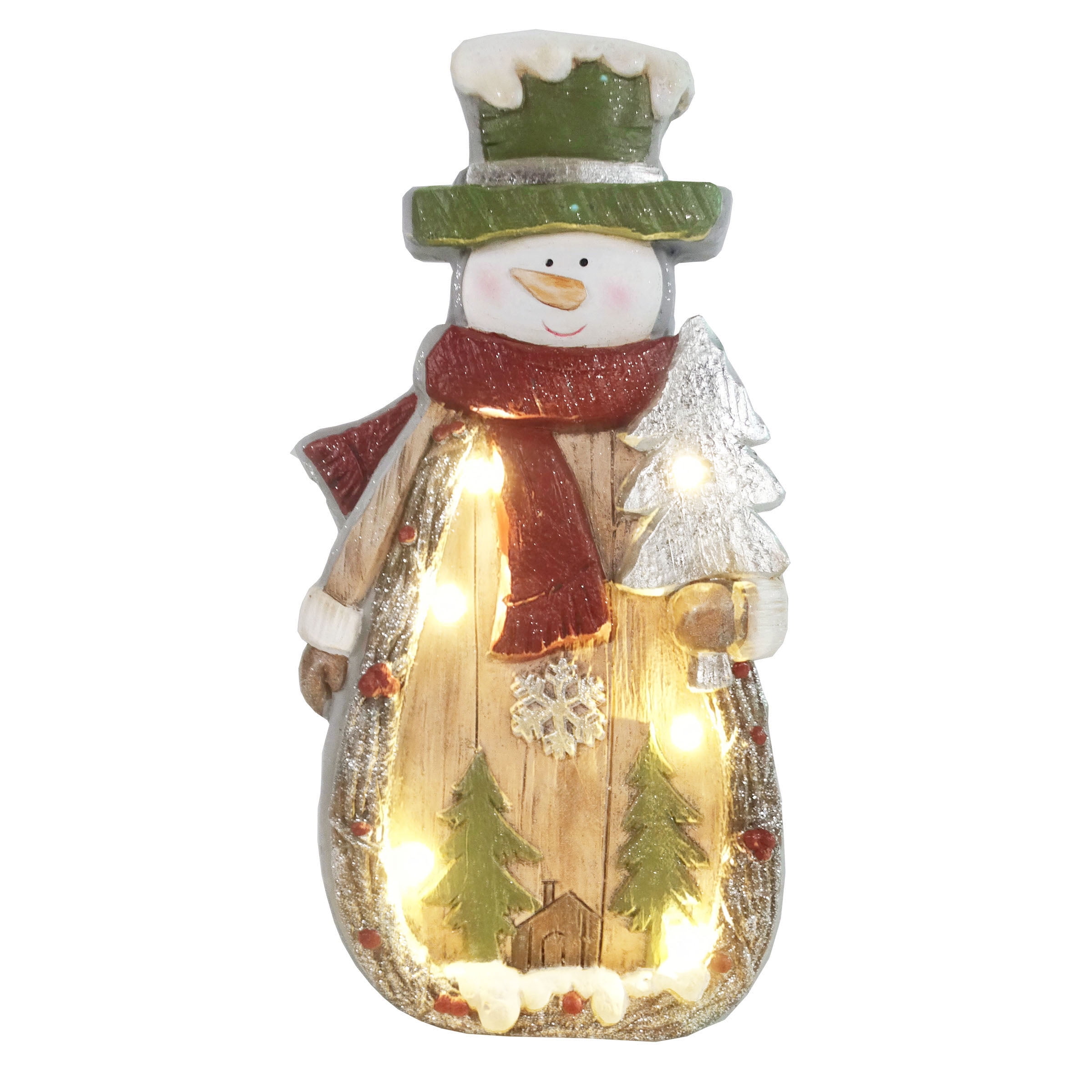 Alpine Corporation Wood Look Snowman Holding Tree Statue w/LED Lights ...