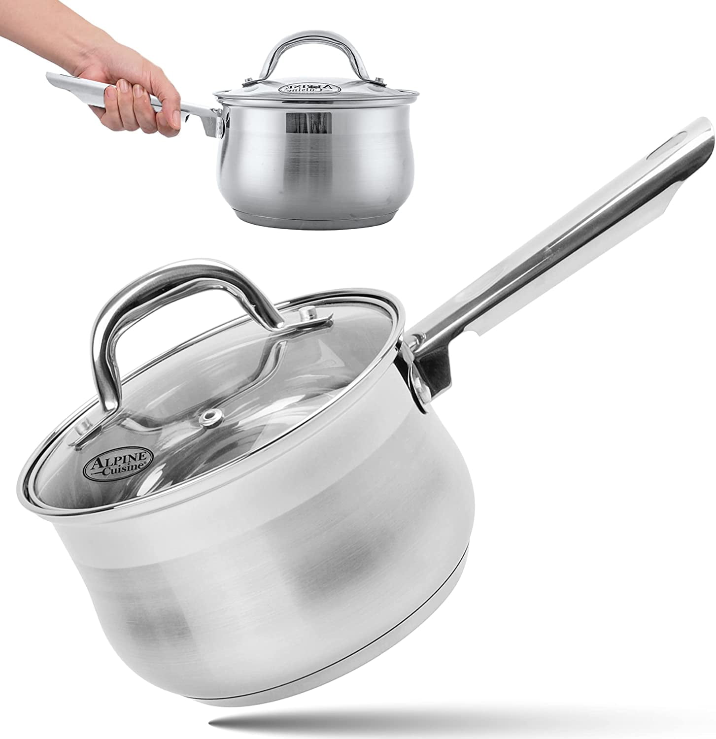 Alpine Cuisine 3Qt Stainless Steel Sauce Pan with Glass Lid, Ergonomic ...