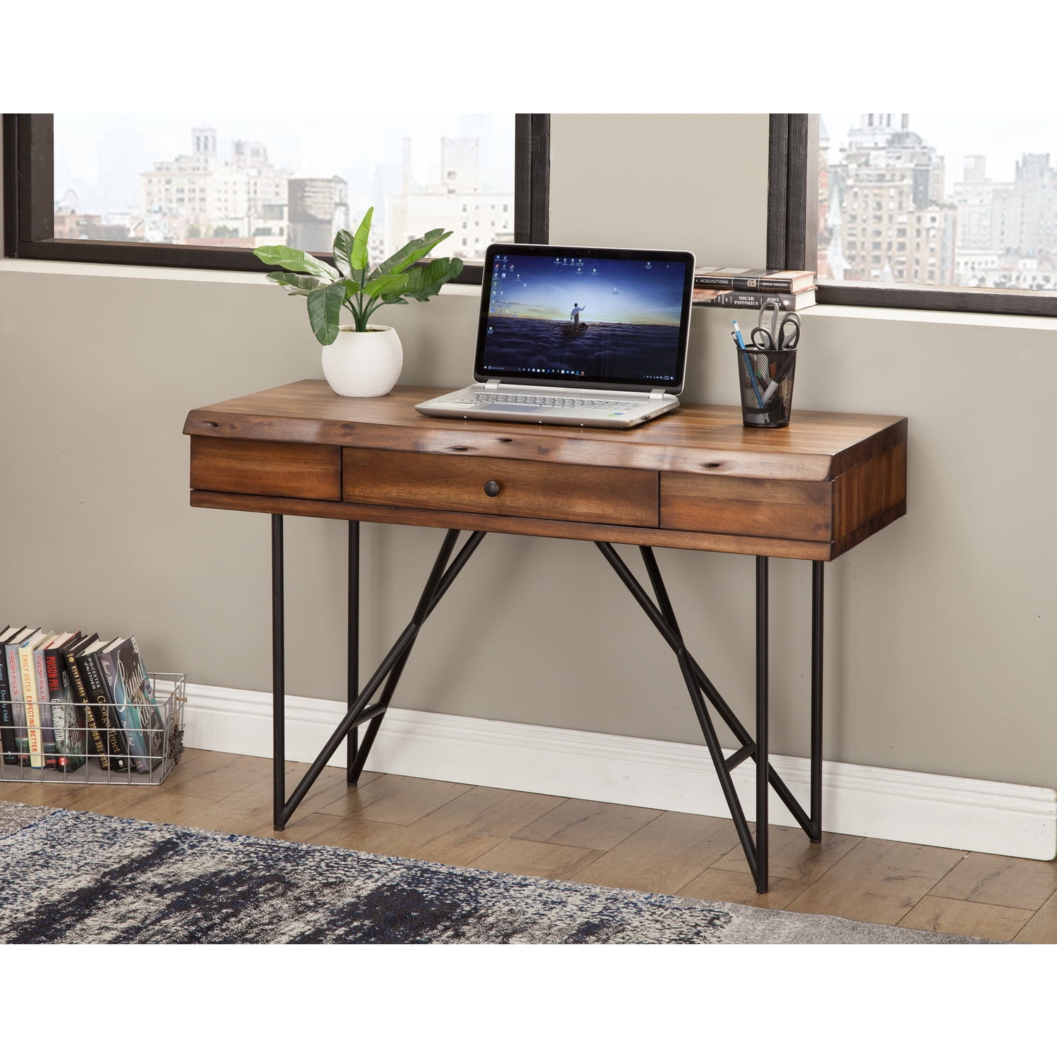 Alpine Furniture Live Edge 1 Drawer Writing Desk, Light Walnut ...