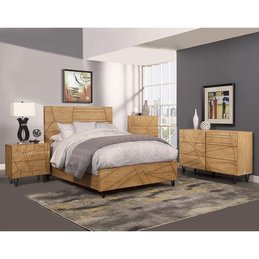 Alpine Furniture Trapezoid Full Size Wood Platform Bed in Cerused Wheat ...