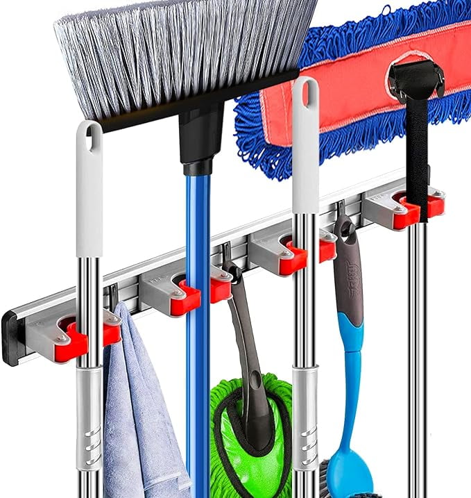 Alpine Industries Mop and Broom Holder Track - 5 Hooks 4 Holders ...