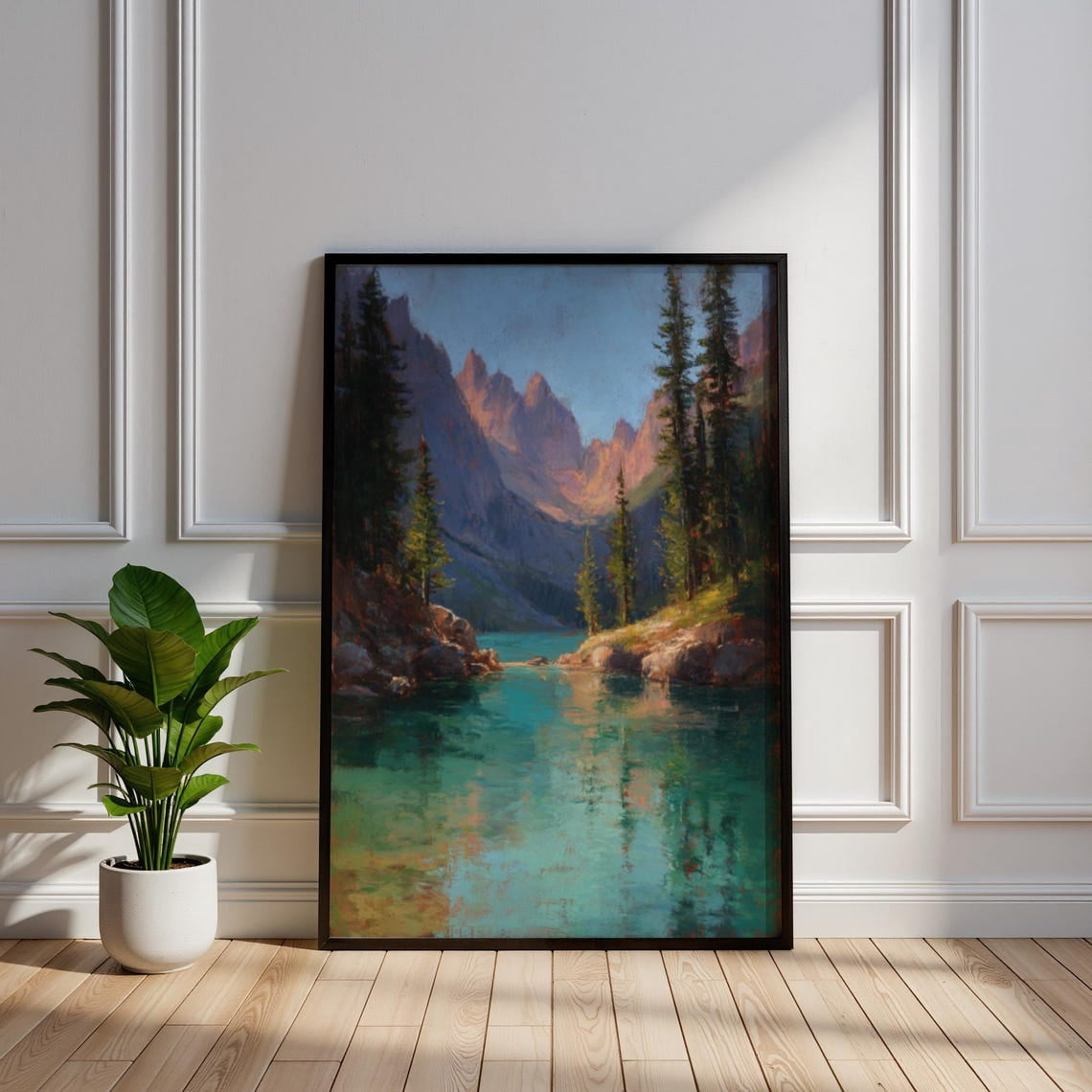 Alpine Lake Mountain Art Impressionist Pine Forest Landscape Teal Water ...