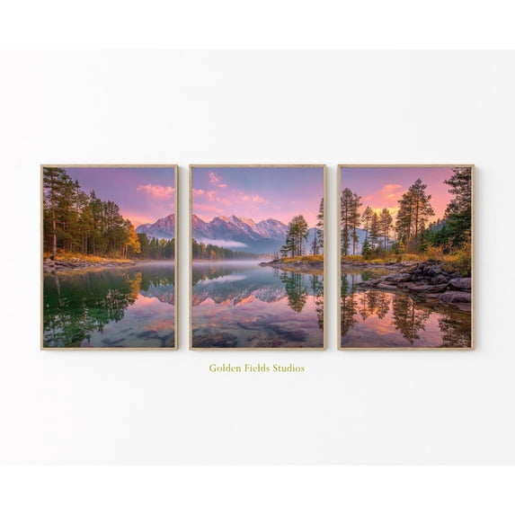 Alpine Lake Mountain Forest Reflection Wall Art Sunset Peaks Triptych ...