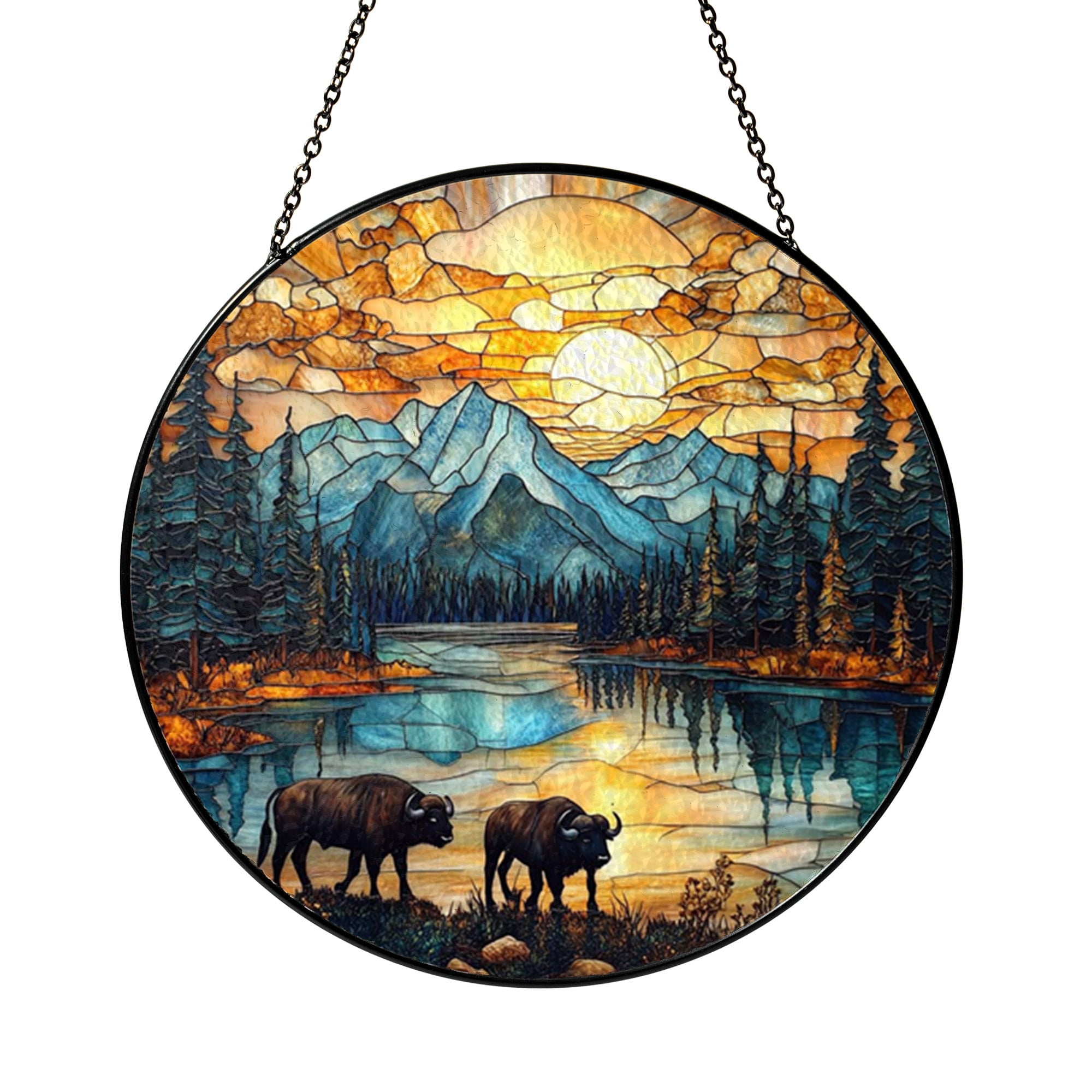 Alpine Lake and Pine Forest Stained Glass Suncatcher, Mountain ...