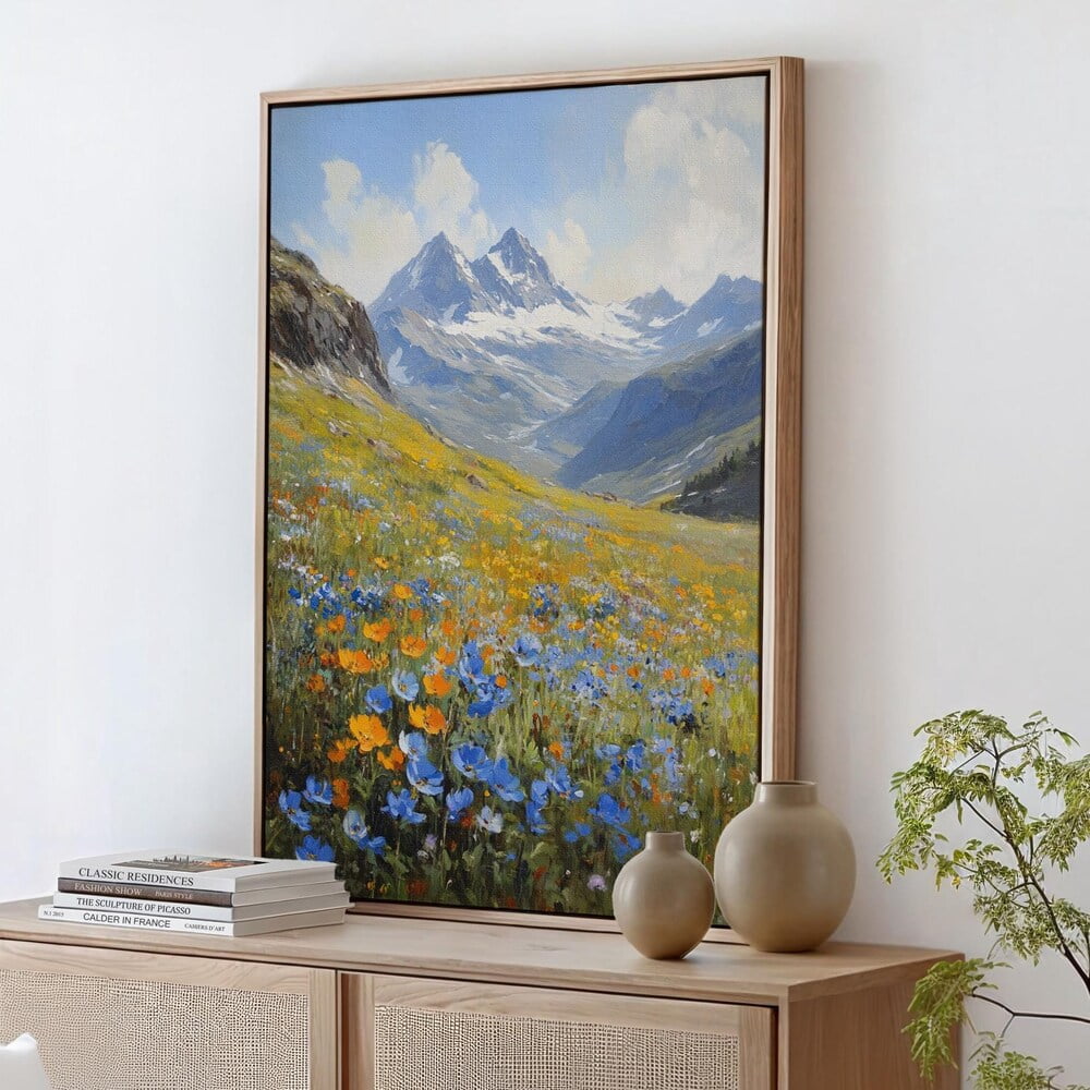 Alpine Meadow Art - Vibrant Wildflowers And Snowy Mountain Scene ...