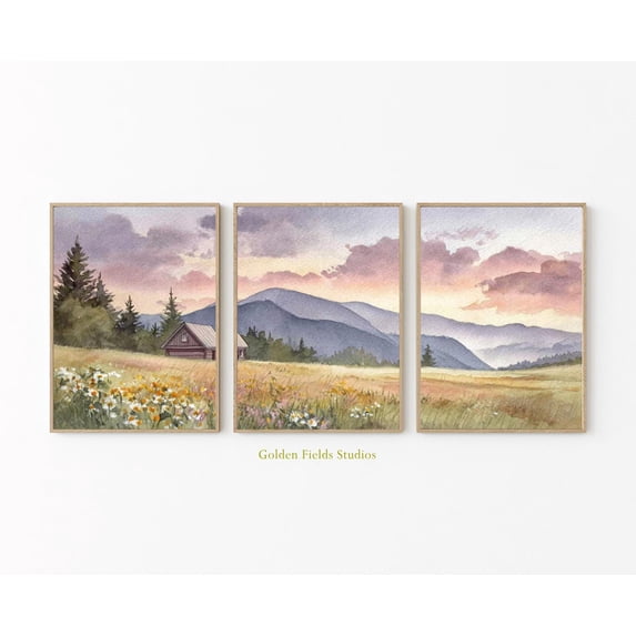 Alpine Meadow Sunset Mountain Landscape Wall Art Pastel Sky Countryside ...