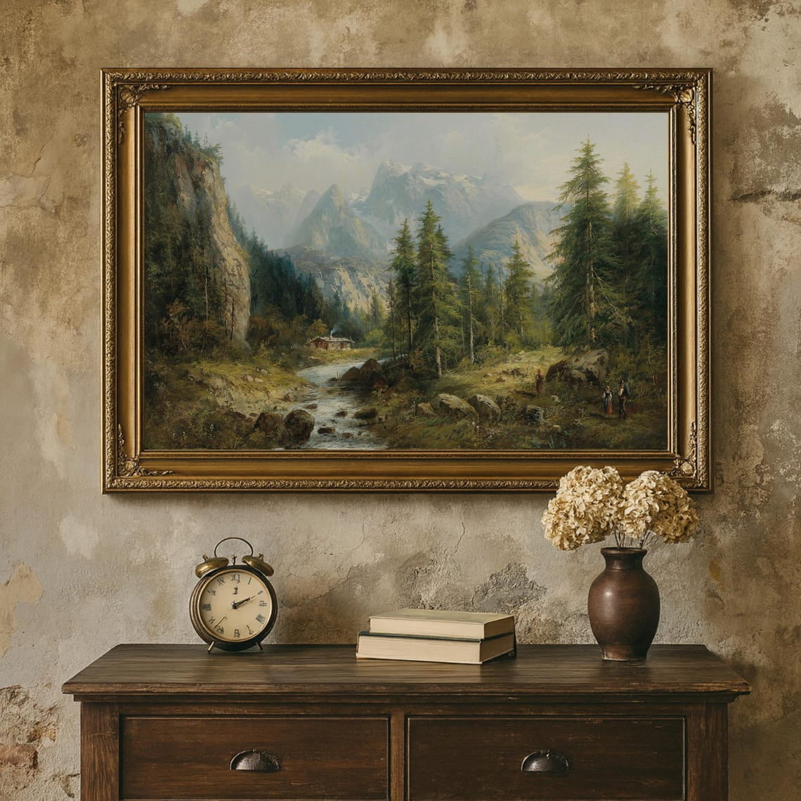 Alpine Mountain Landscape Vintage Cabin & Stream Unframed Paper Print ...