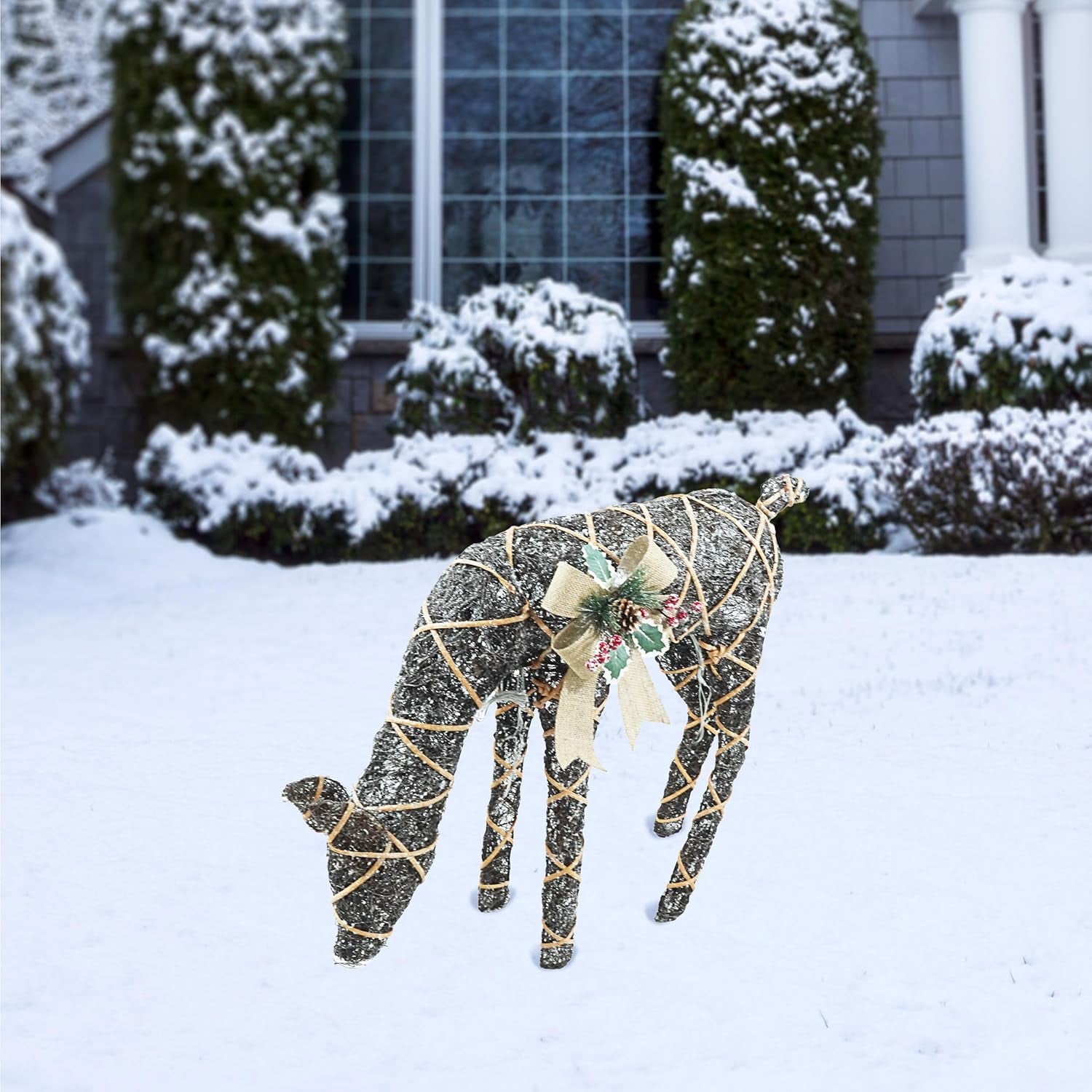 Alpine Natural Twig Wrapped Rattan Grazing Deer w/Warm White LED ...