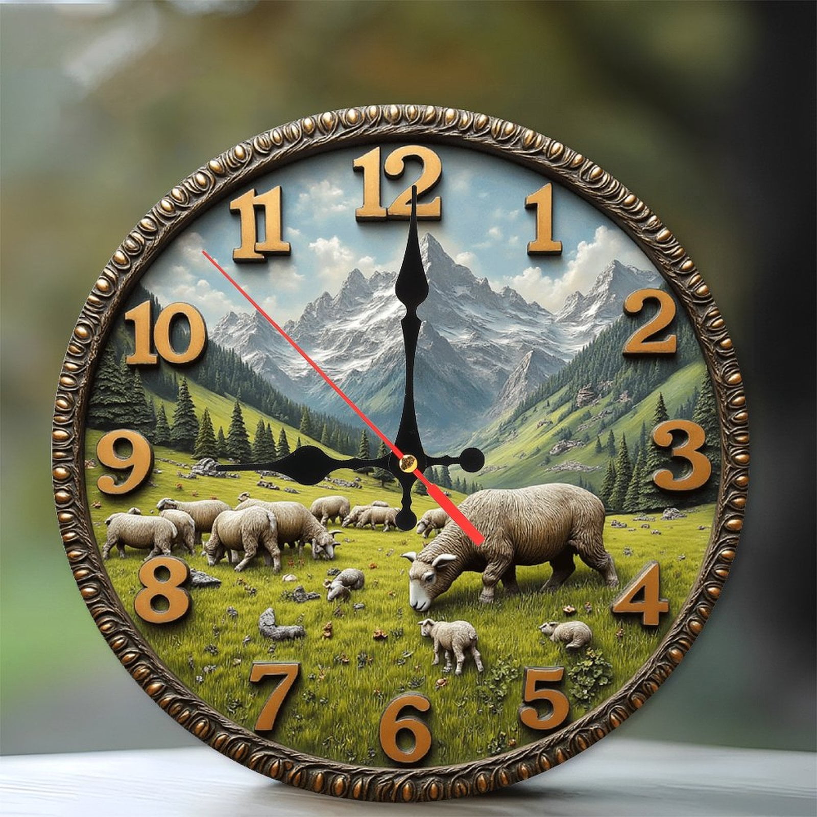 Alpine Sheep Meadow Wall Clock 10-Inch Silent Wooden Wall Clock ...