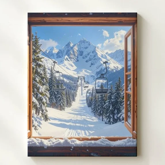 Alpine Ski View Snowy Landscape Seen Through Wooden Window Step Into ...