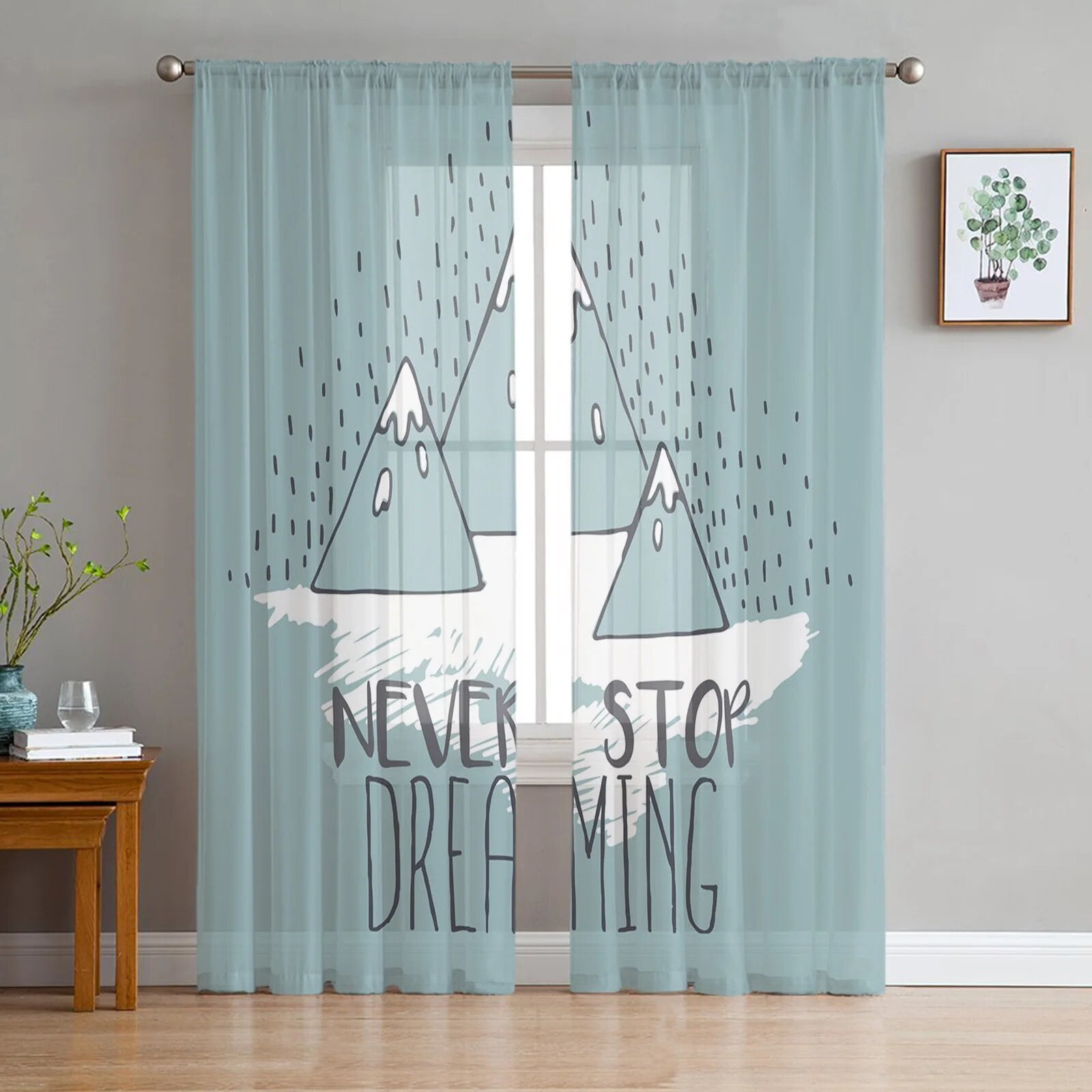 Alpine Snow Blue Black Modern Printed Tulle Curtains for Bedroom ...