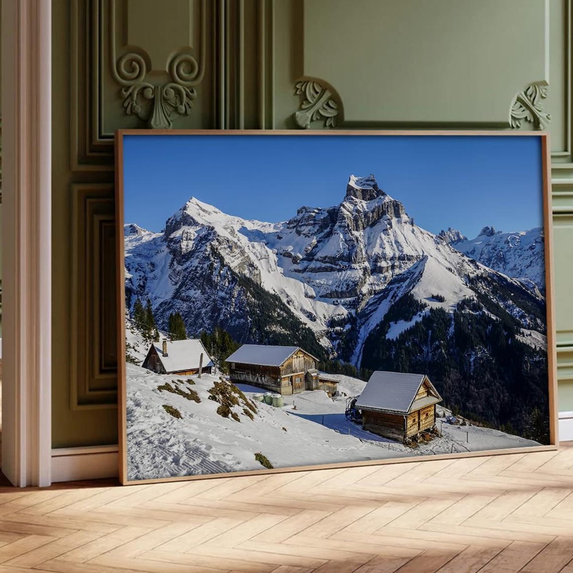 Alpine Snow Mountain Poster Rustic Cabin Landscape, Handmade Frame Home ...