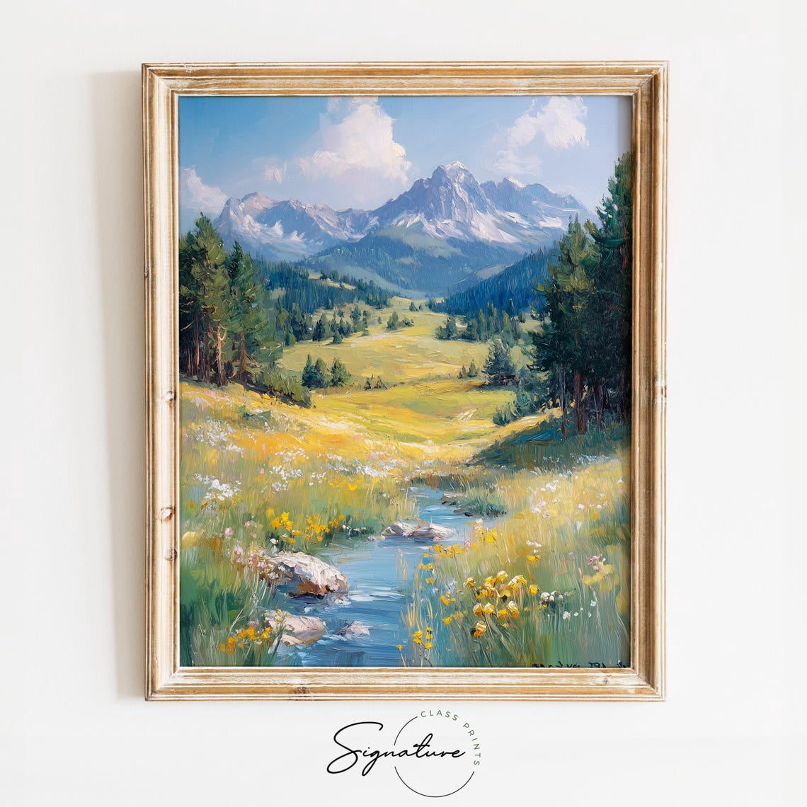 Alpine Stream in a Blooming Valley, Serene Pastoral Landscape Art ...