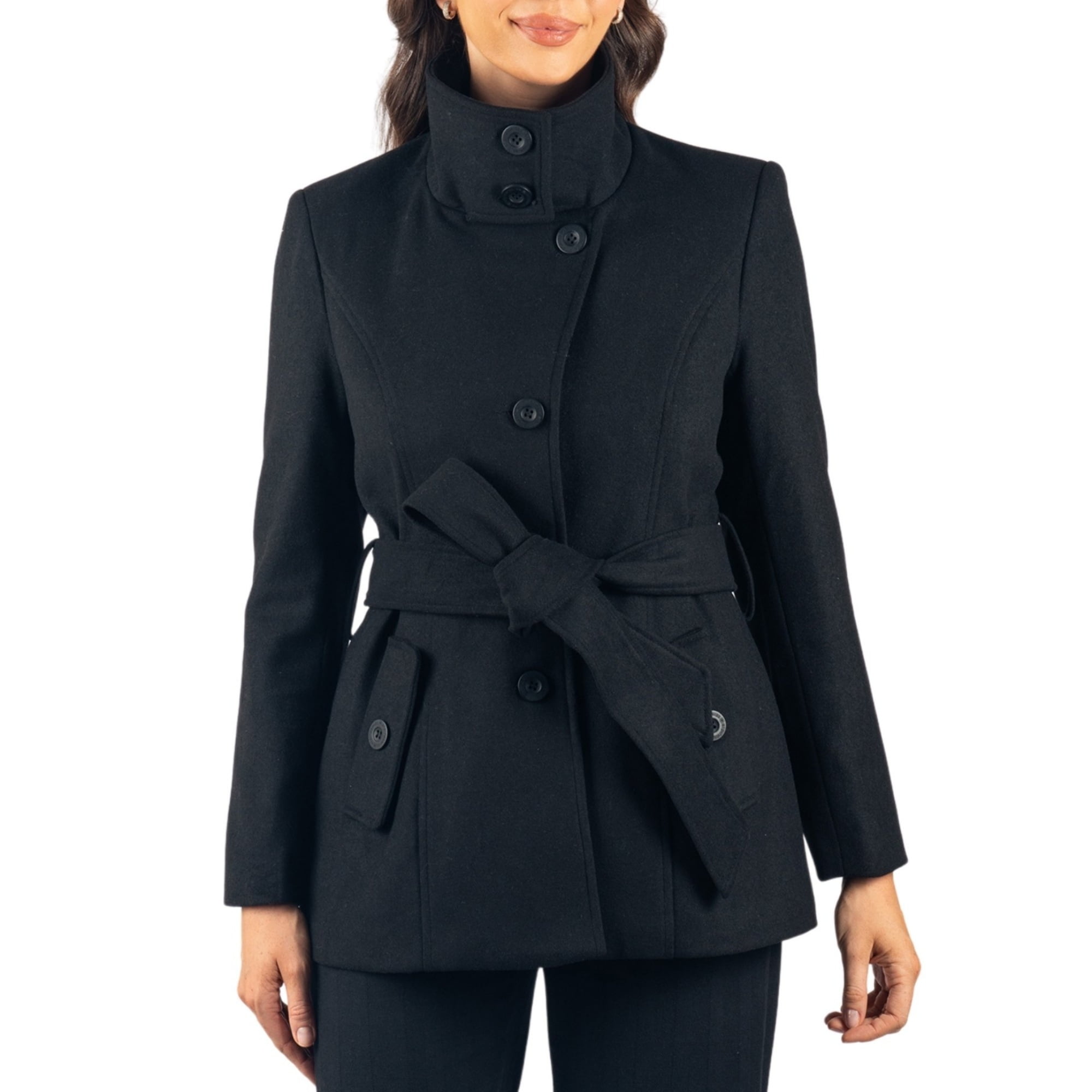 Alpine Swiss Bella Womens Belted Blazer Button Up Wool Coat Funnel Neck ...