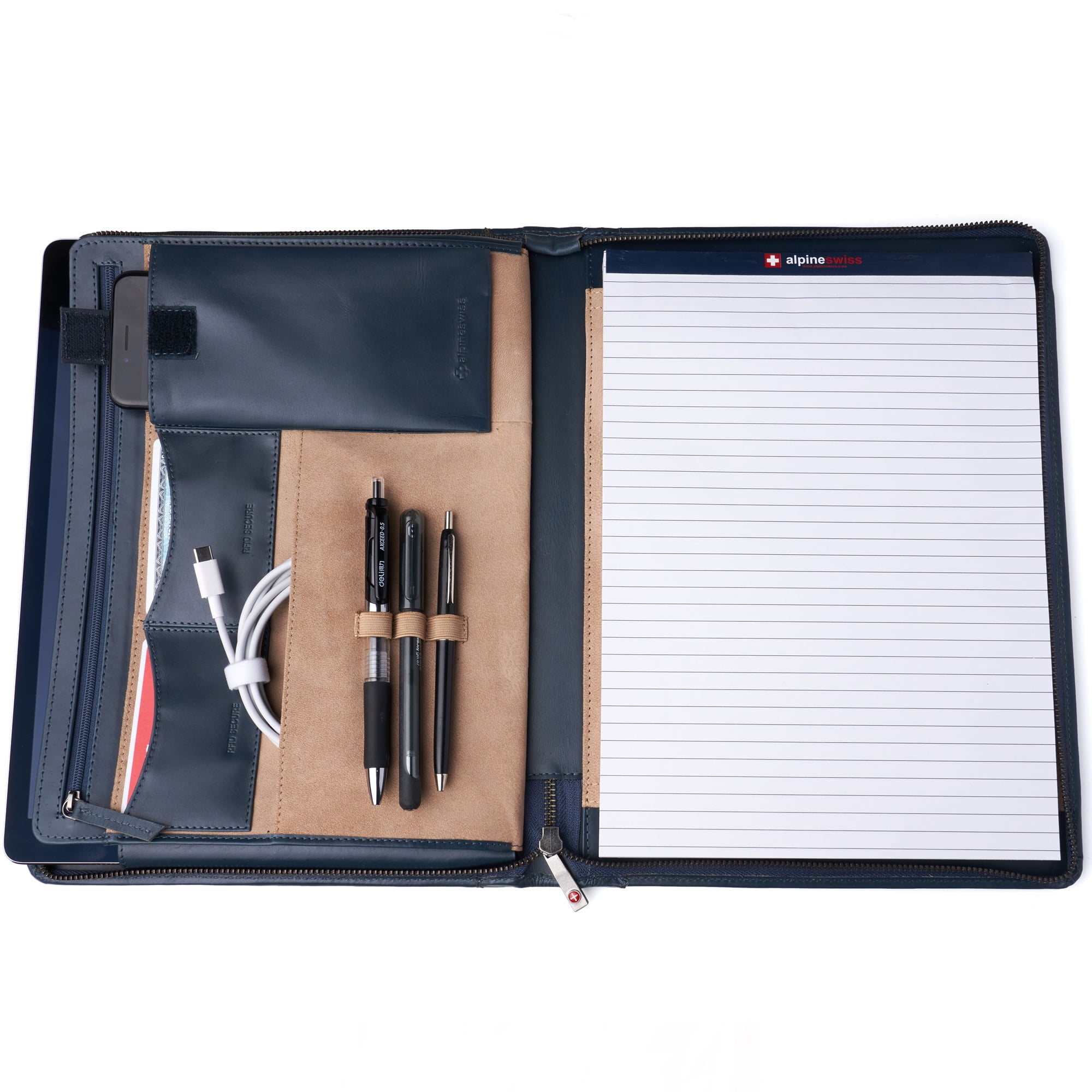 Alpine Swiss Leather Zippered Writing Pad Portfolio Business Briefcase ...