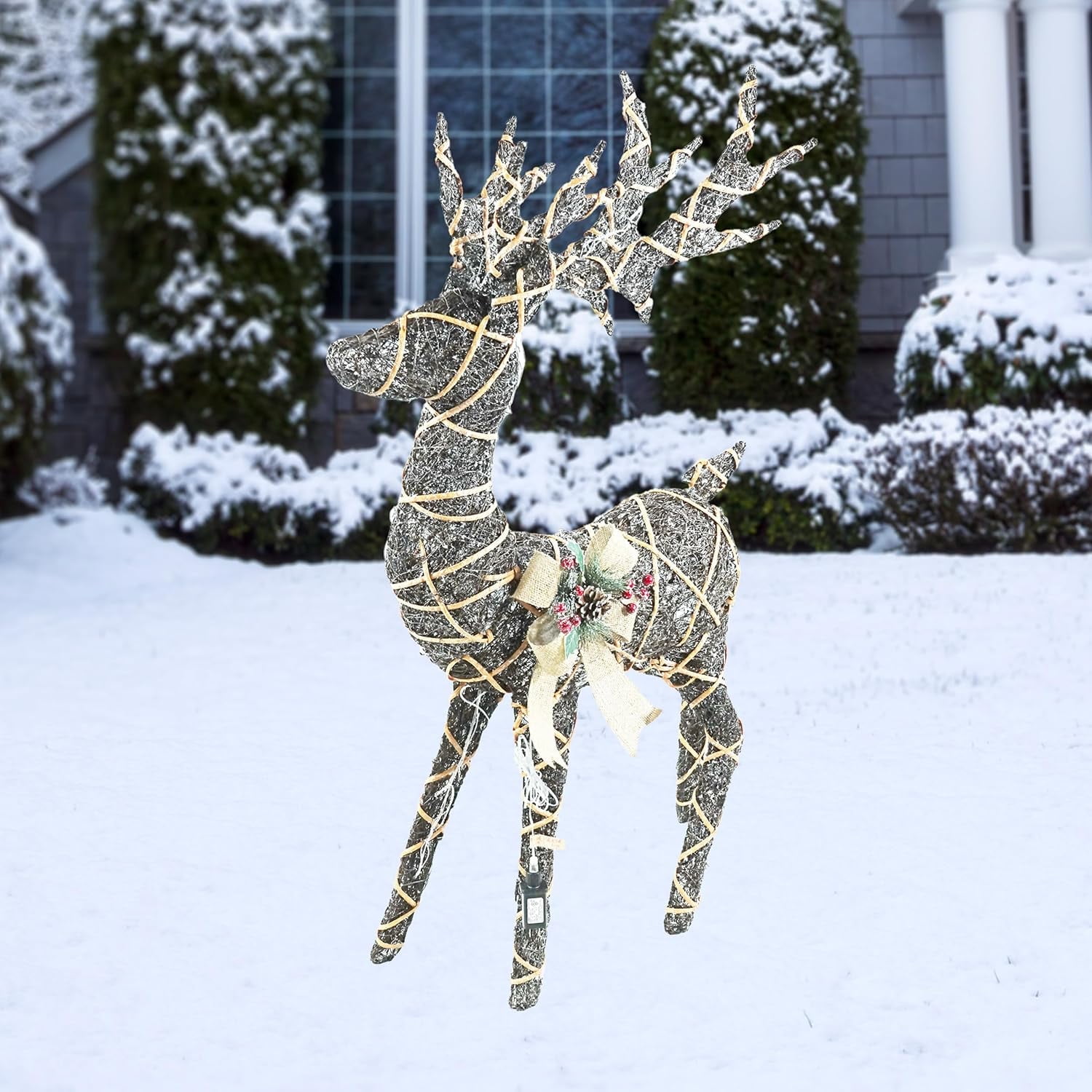 Alpine Twig with Natural Rattan Wrapped Reindeer and Warm White LED ...