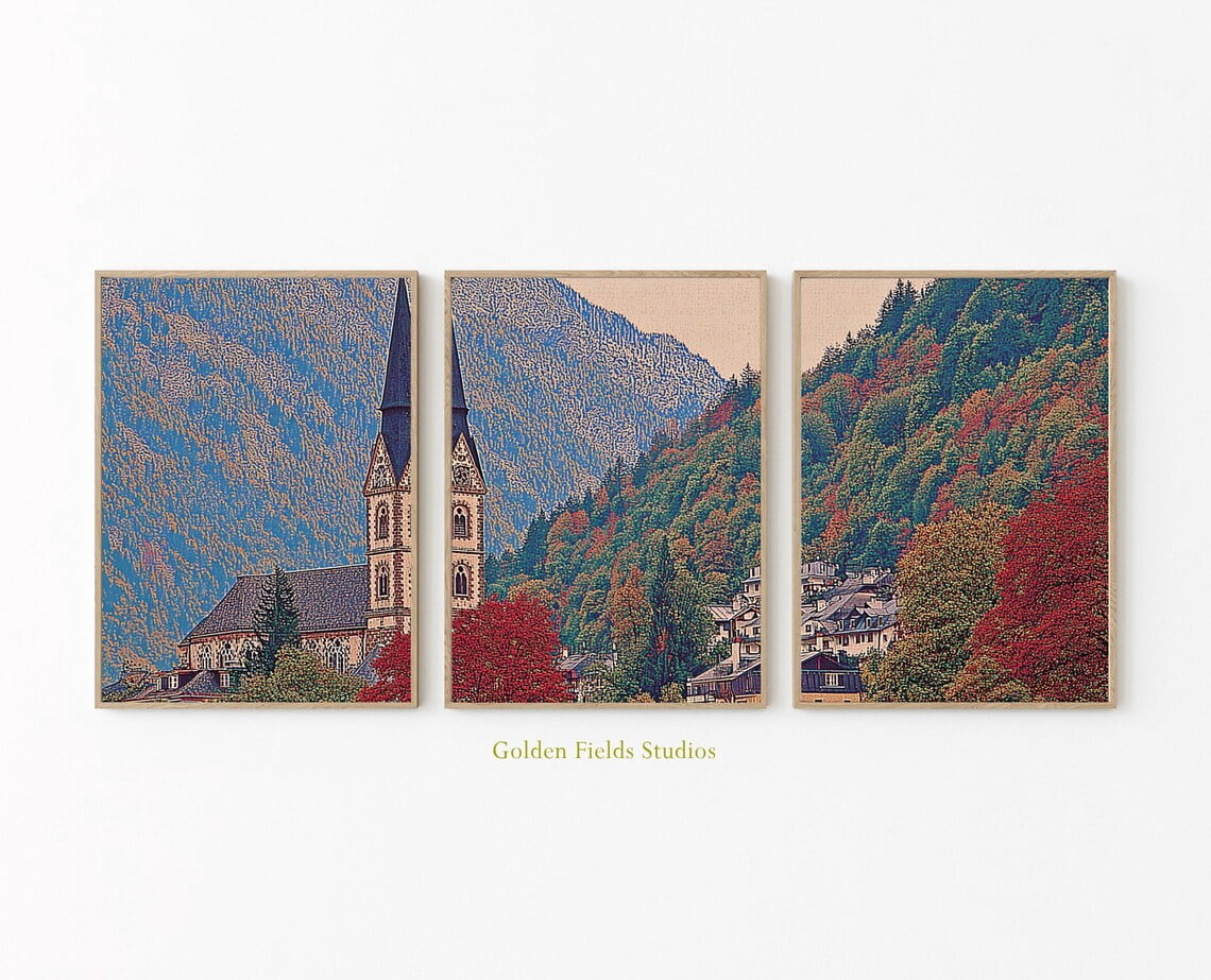Alpine Valley European Mountain Village Scenic Forest Landscape Wall ...