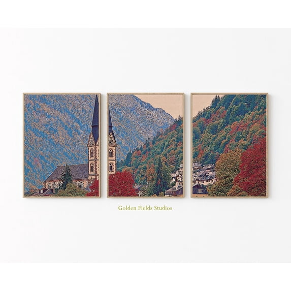 Alpine Valley European Mountain Village Scenic Forest Landscape Wall ...