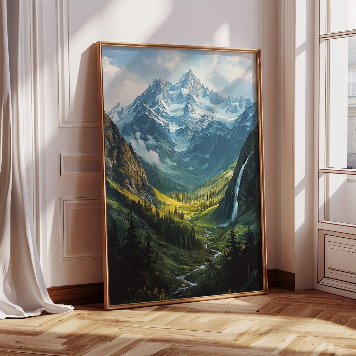 Alpine Waterfall And Snowy Peaks Wall Art Print – Majestic Mountain ...