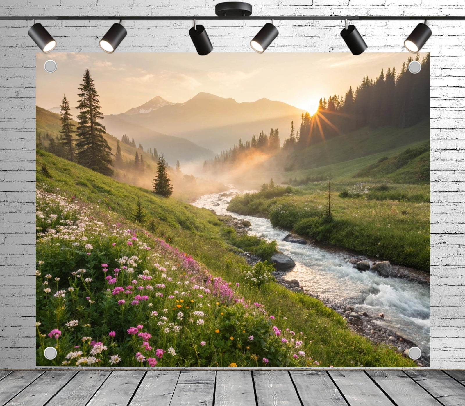 Alpine meadow stream sunrise backdrop | Polyester fabric banner curtain ...