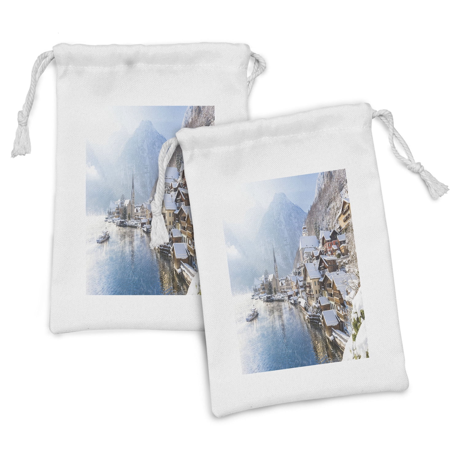 Alps Fabric Pouch Set of 2, Mountain Town Scenery Hallstatt Lakeside ...