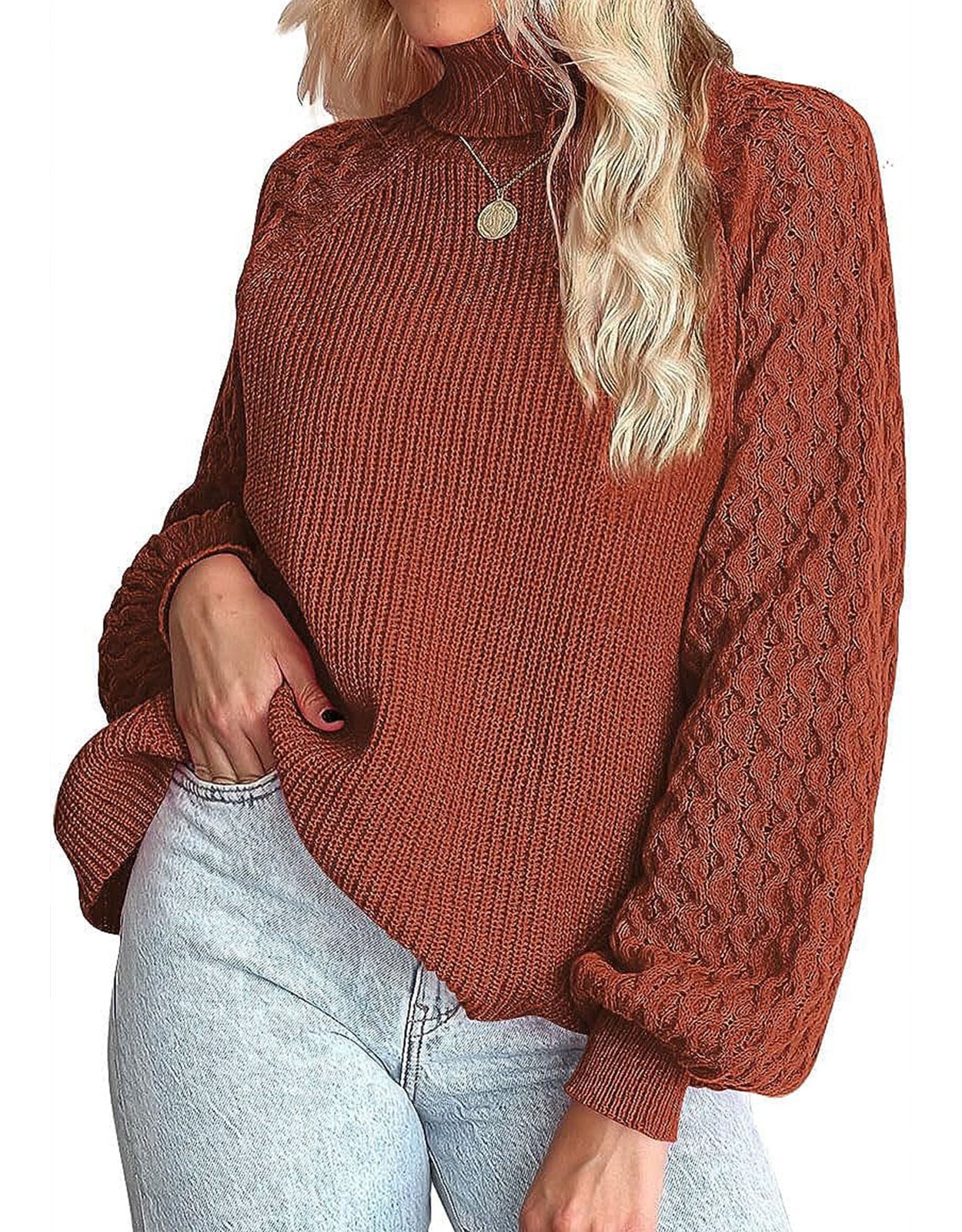 Alsol Lamesa Sweaters for Women Ribbed Mock Neck Sweater Chunky Cable Knit Lantern Sleeve ...