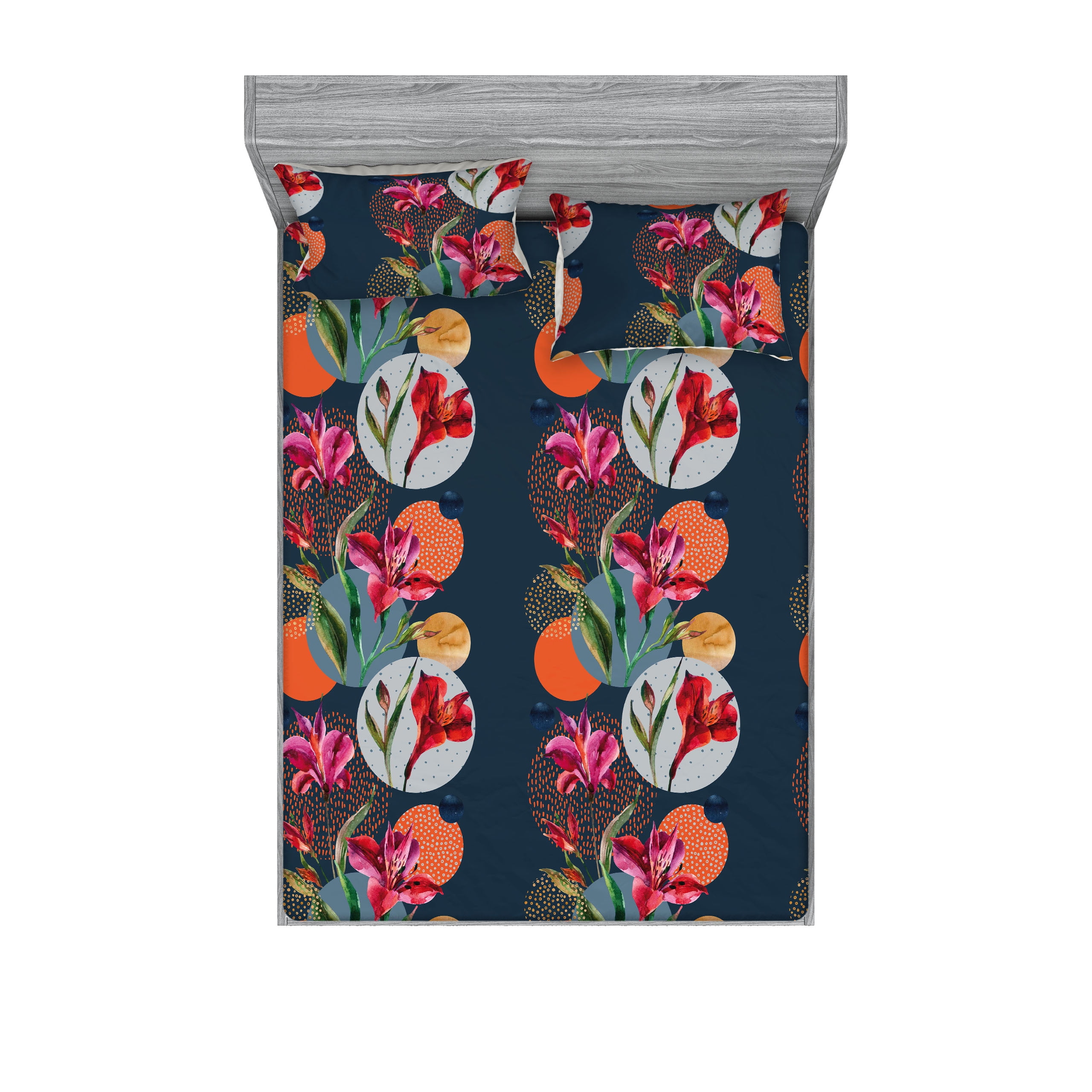 Alstroemeria Fitted Sheet & Pillow Sham Set, Round Shapes with Spot ...