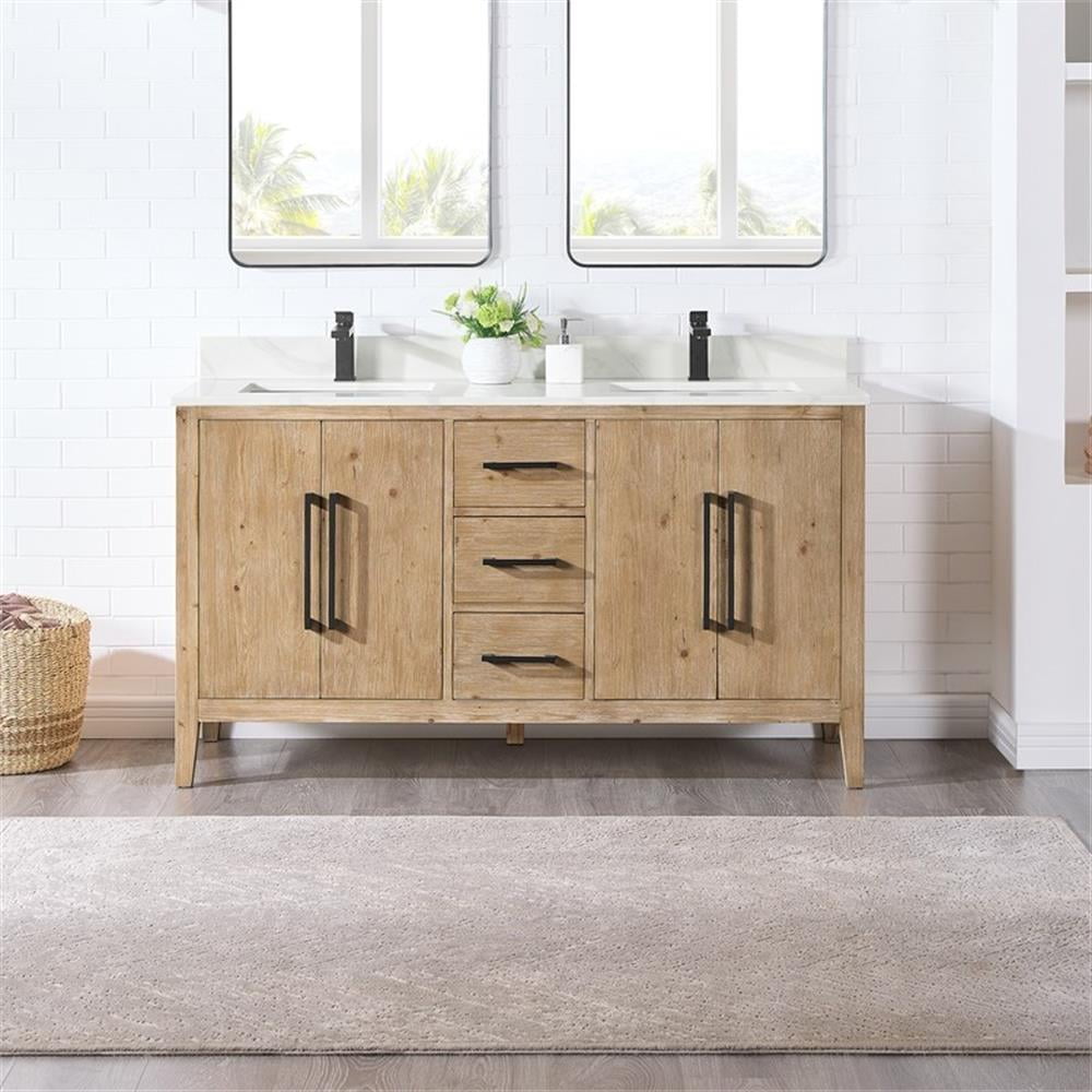 Laurel 60" Wood Vanity in Weathered Fir Calacatta White Quartz Top no ...