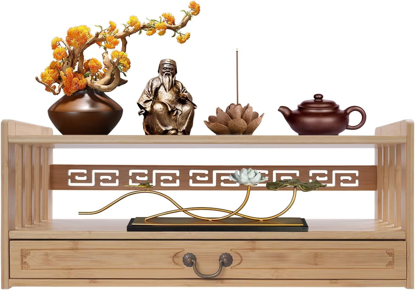 Altar Table with Drawer, 2 Tier Bamboo Meditation Altar Table Puja ...
