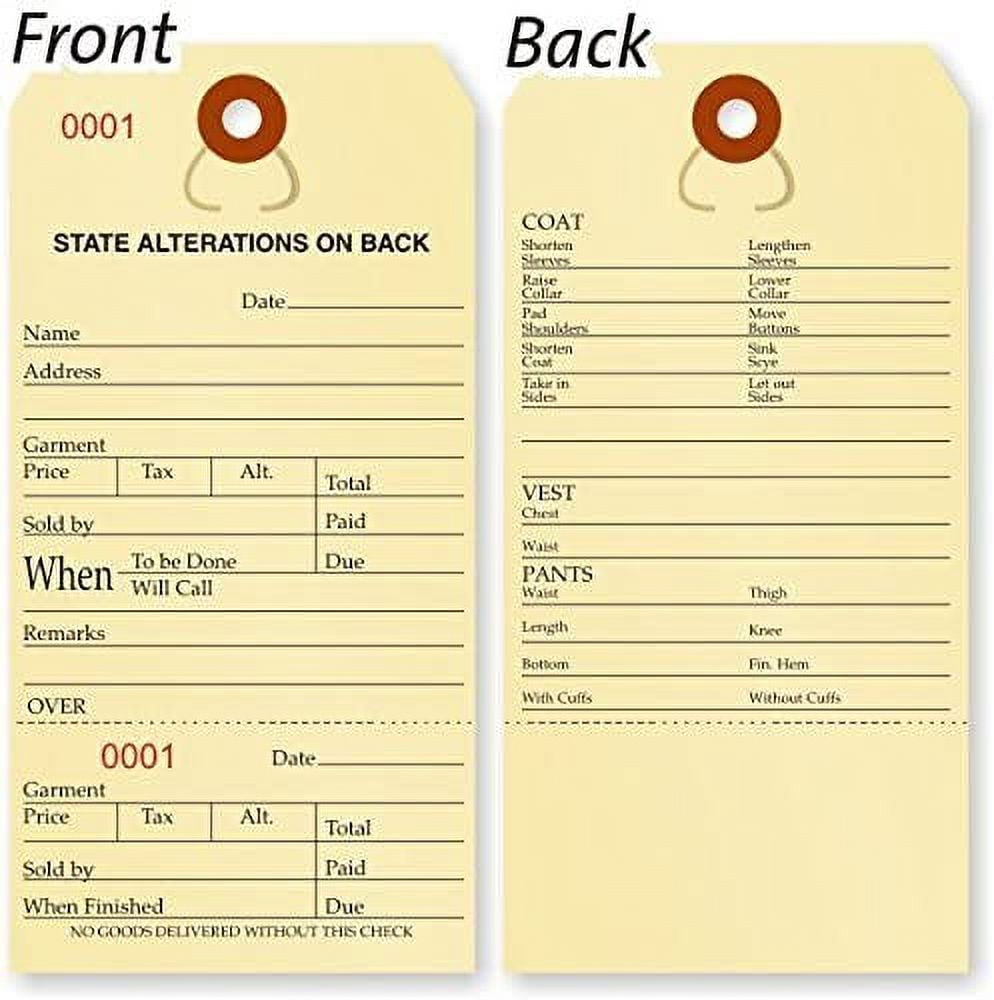 Alteration Tag, Manila Cardstock (3.125" x 6.25") w Tear-Off Receipt ...