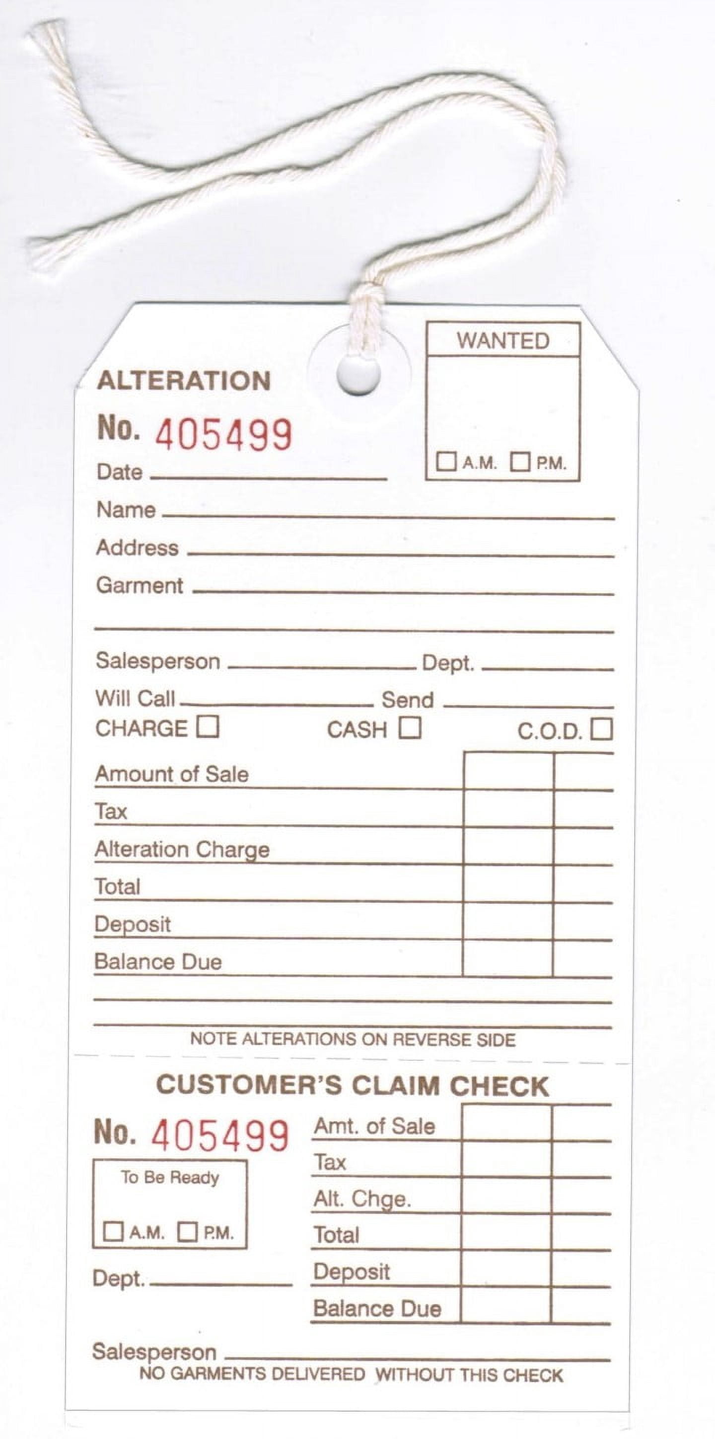 Alteration Tags w/ Claim Check, #8 White, 6-1/4" x 3-1/8", Strung ...