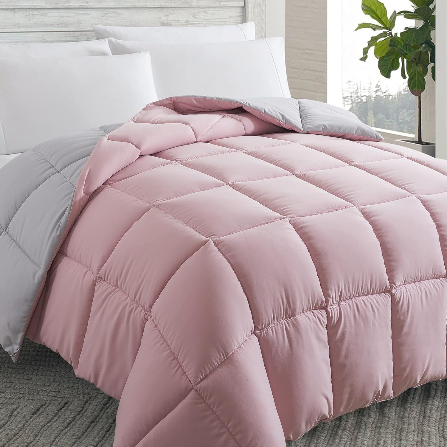 Down Alternative Comforter (Pink/Light Grey, Twin) - All Season Soft ...
